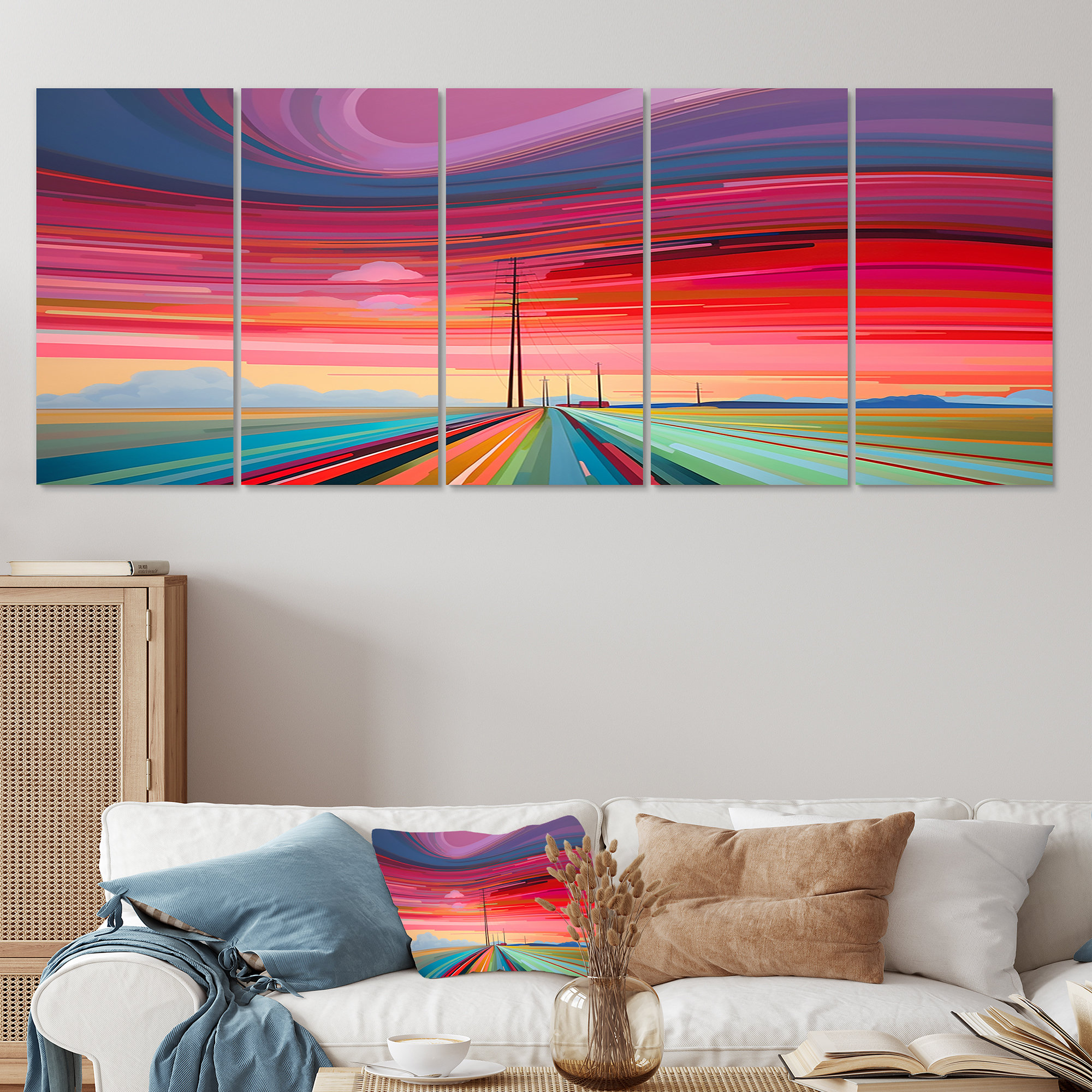 Design Art Red SunSet Mimal Country Road Horizontal Waves - Abstract ...