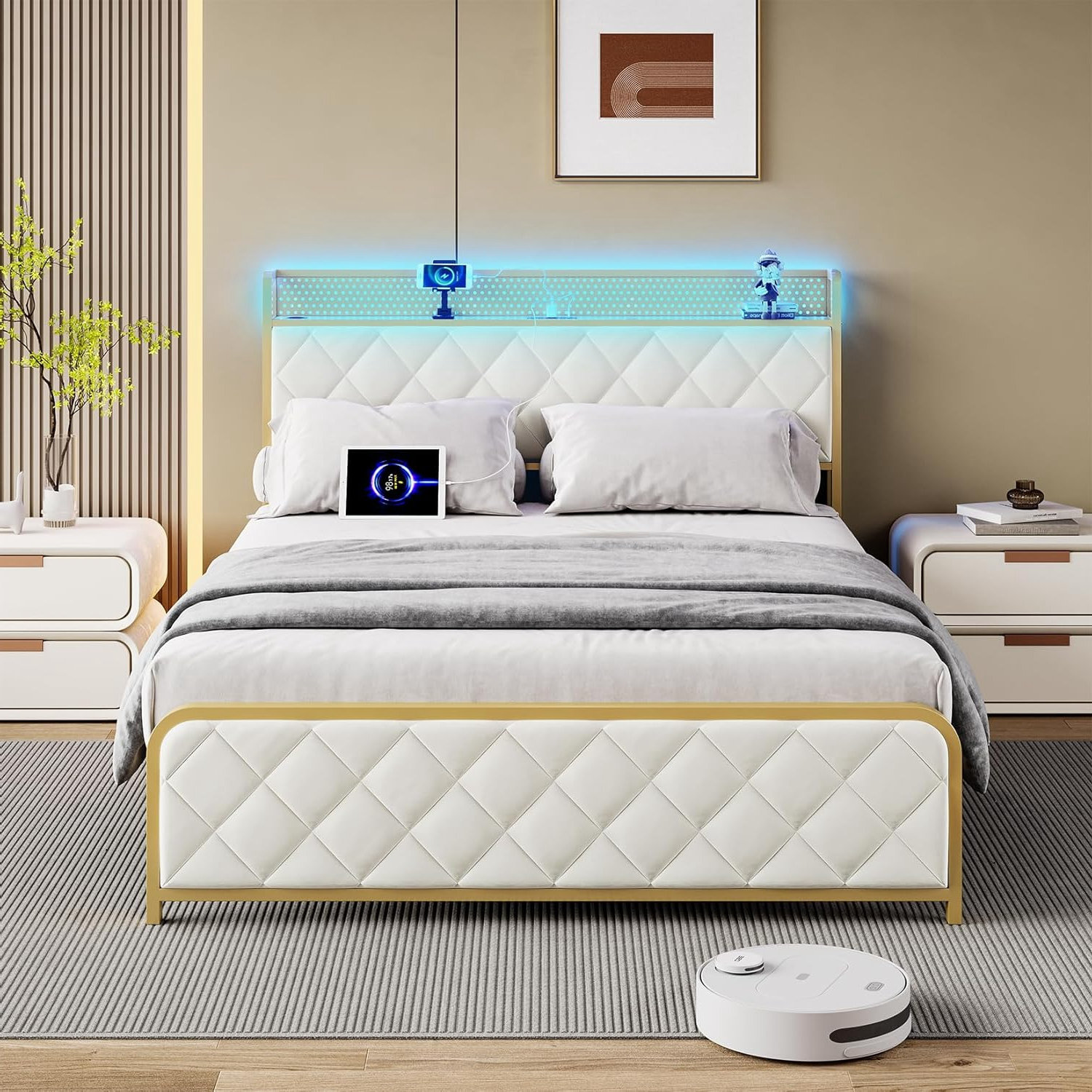 Wrought Studio™ Bed Frame With Led Lights, 2 USB & 2 Outlets Charging ...
