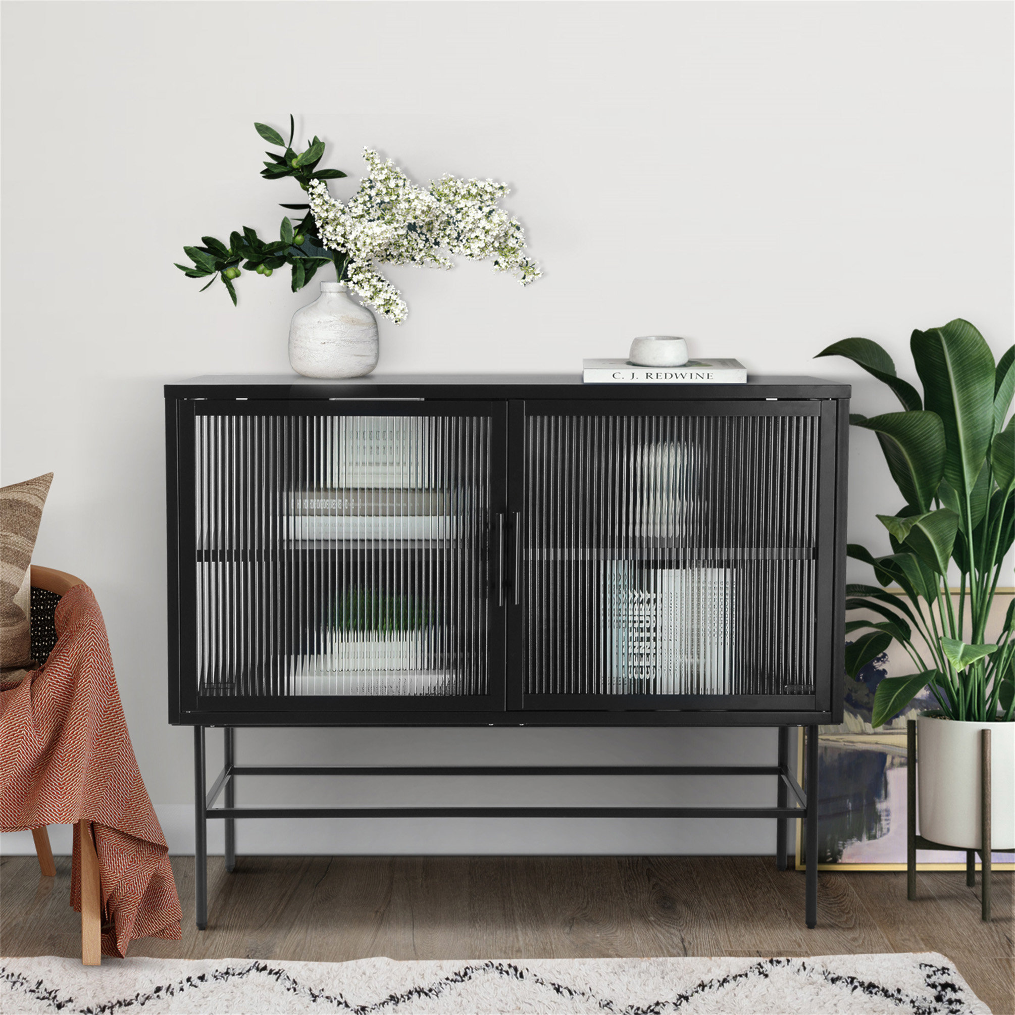 Latitude Run® Mountville Double Door Tempered Glass Sideboard Console ...
