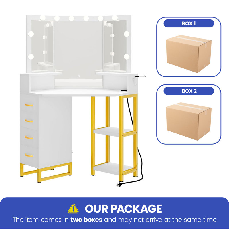 Mercer41 Halide Vanity Desk with Tri-Fold Mirror, Adjustable LED Lights ...