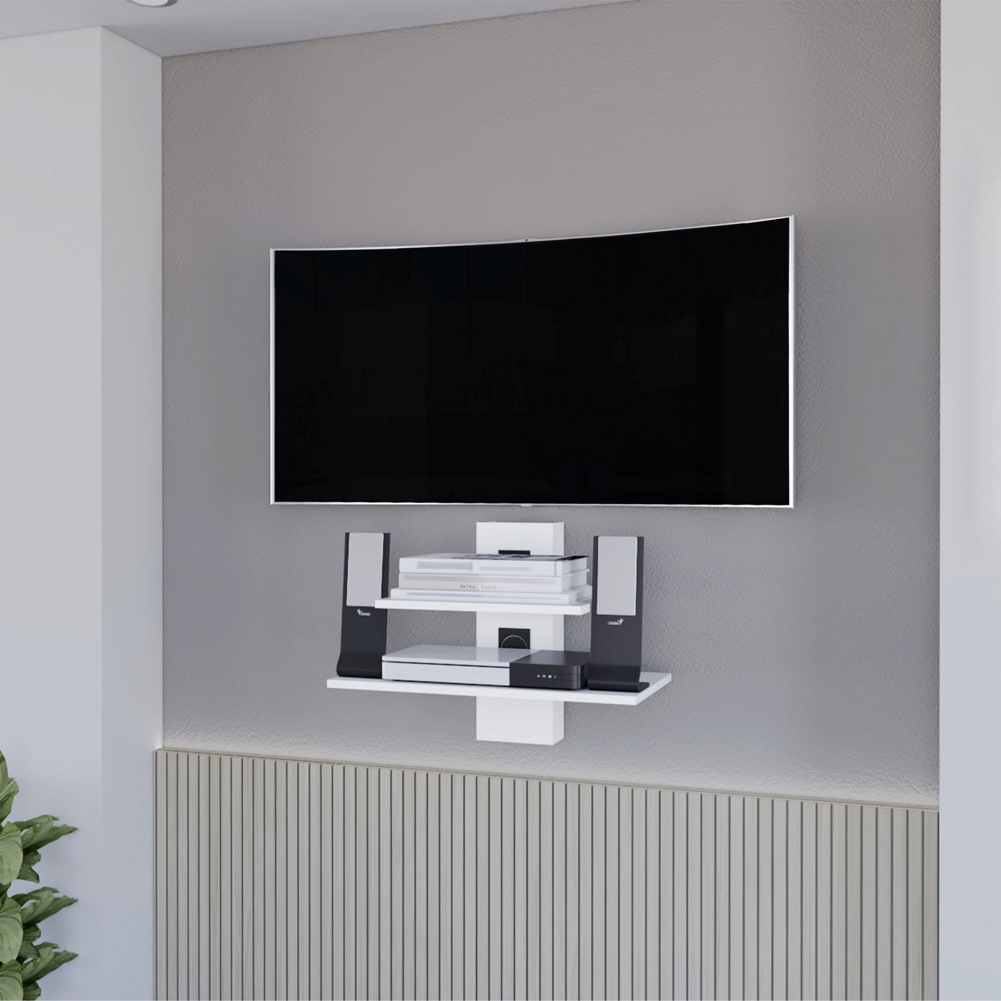 Ebern Designs Floating Shelf, Sleek Dual-Shelf Wall Unit with Cable ...