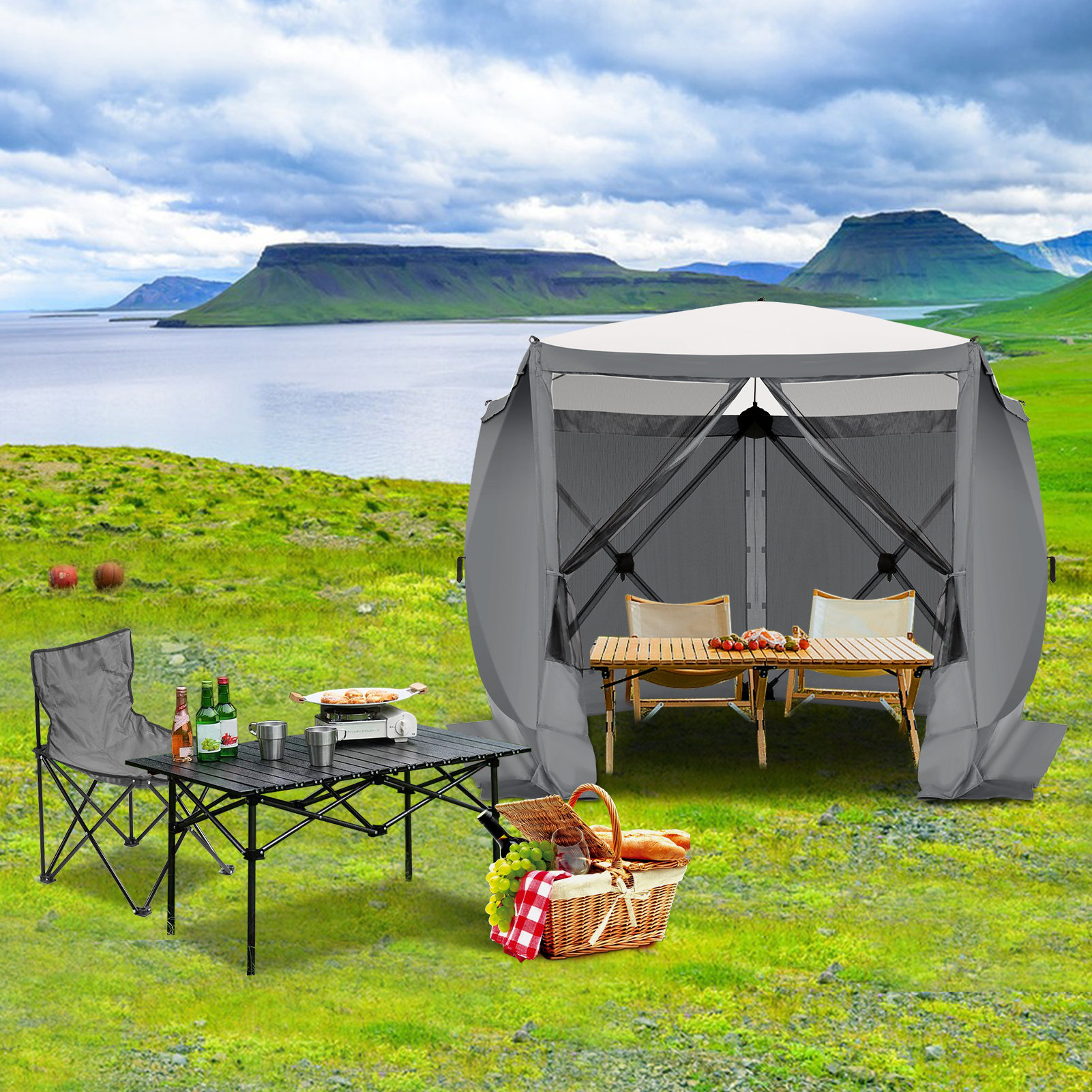 HOTEEL 10x10ft Camping Gazebo Screen Tent, 5 Sided Pop-up Canopy ...