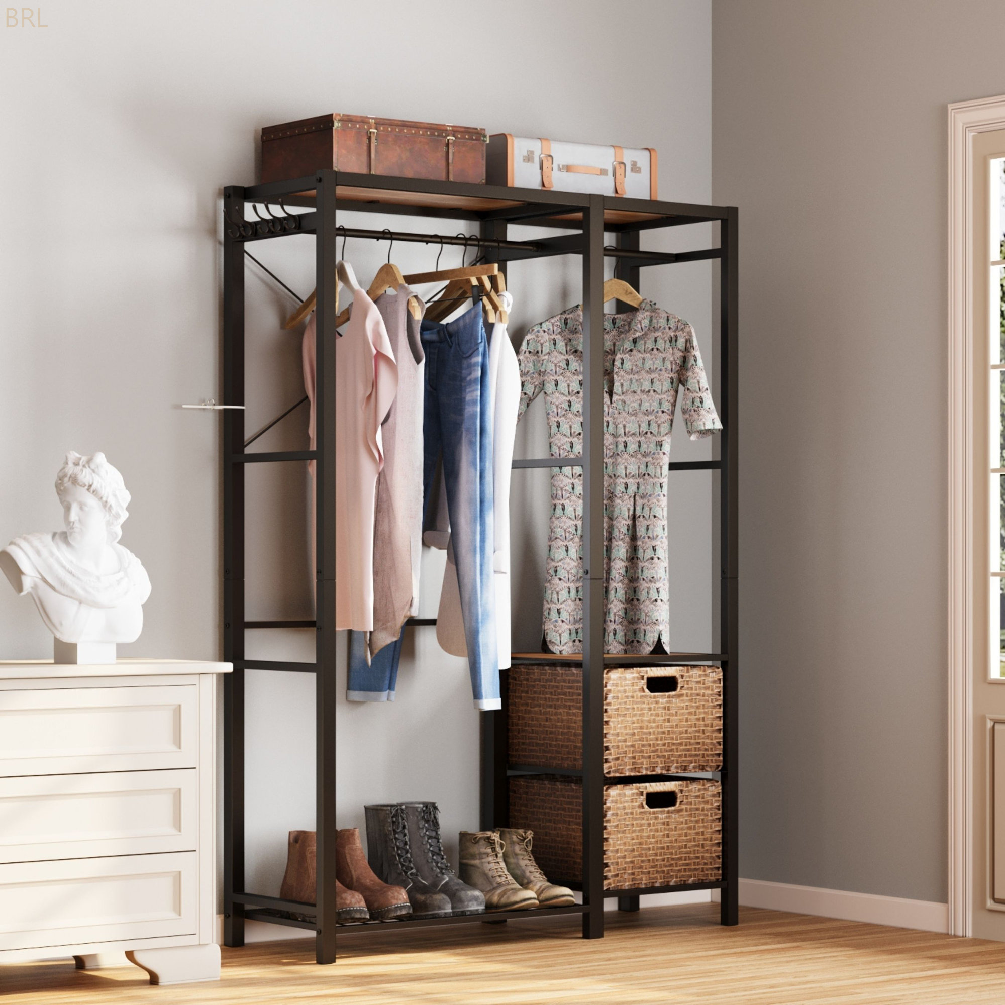 Dakota Fields Acacia Wood Garment Racks With Shelves 2 Wicker Drawers ...