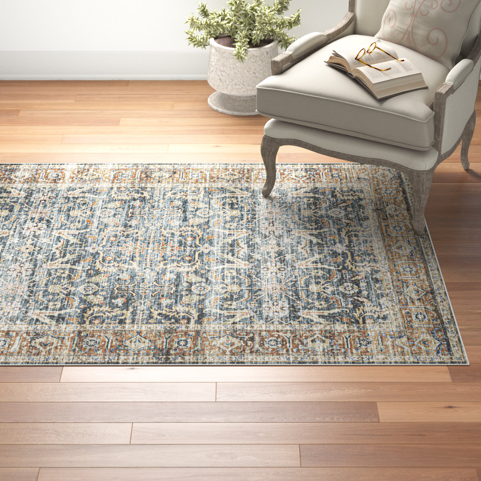 Three Posts™ Lake Macquarie Machine Washable Performance Non-Skid Blue ...