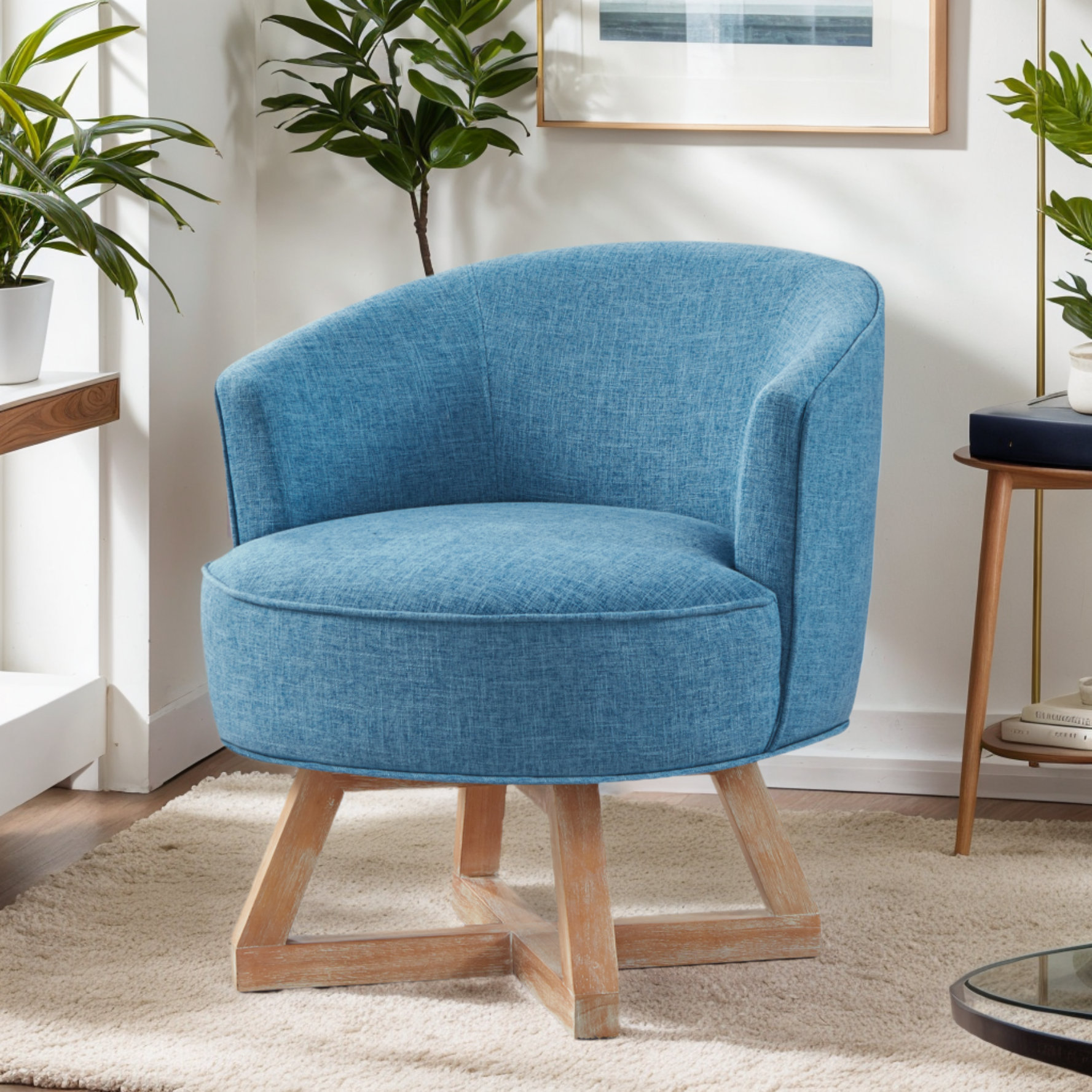 Ebern Designs 27"W Linen Swivel Chair With Solid Wood Base And Recessed ...