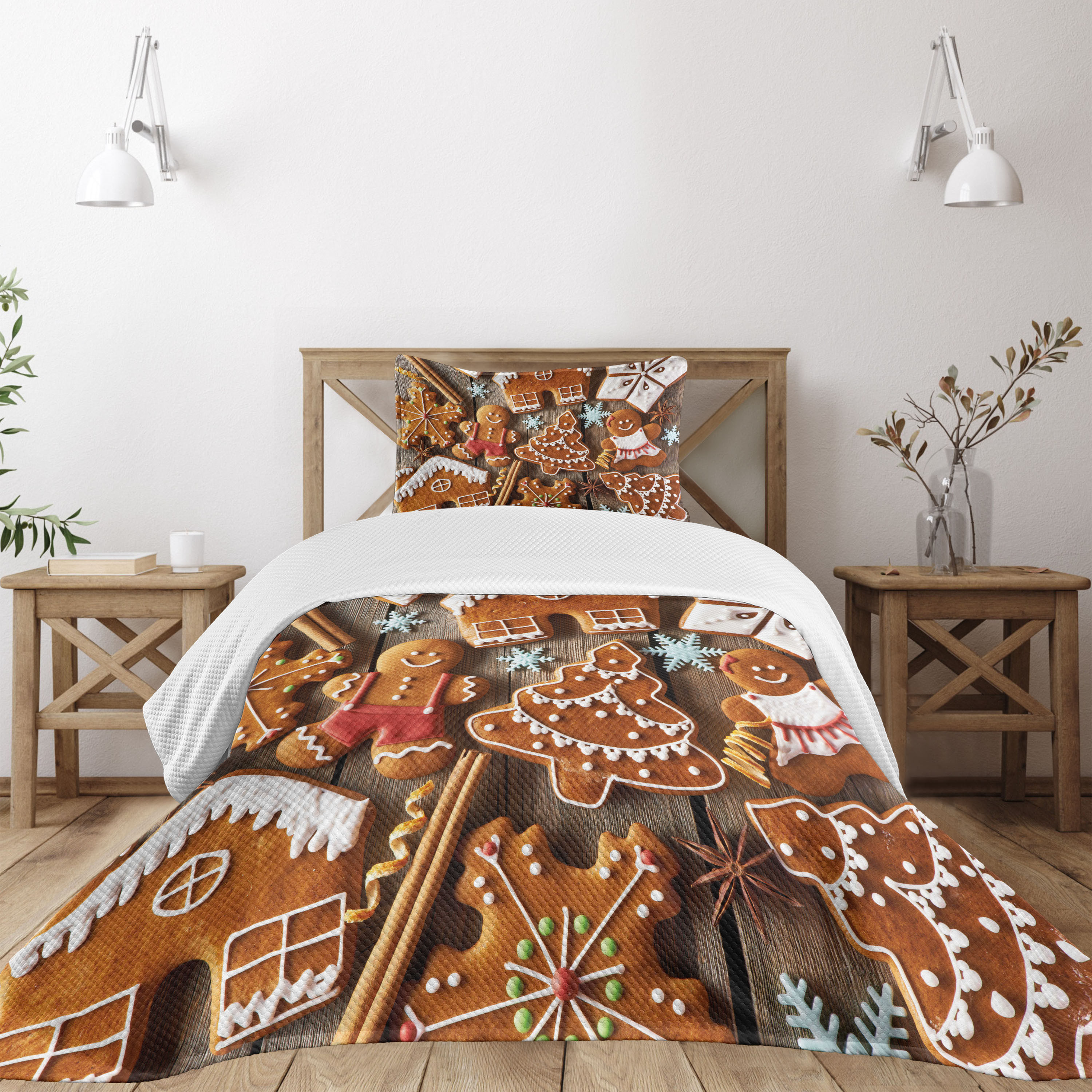 Ambesonne Gingerbread Man Bedspread Set Cookies Snow Umber Pale Brown ...