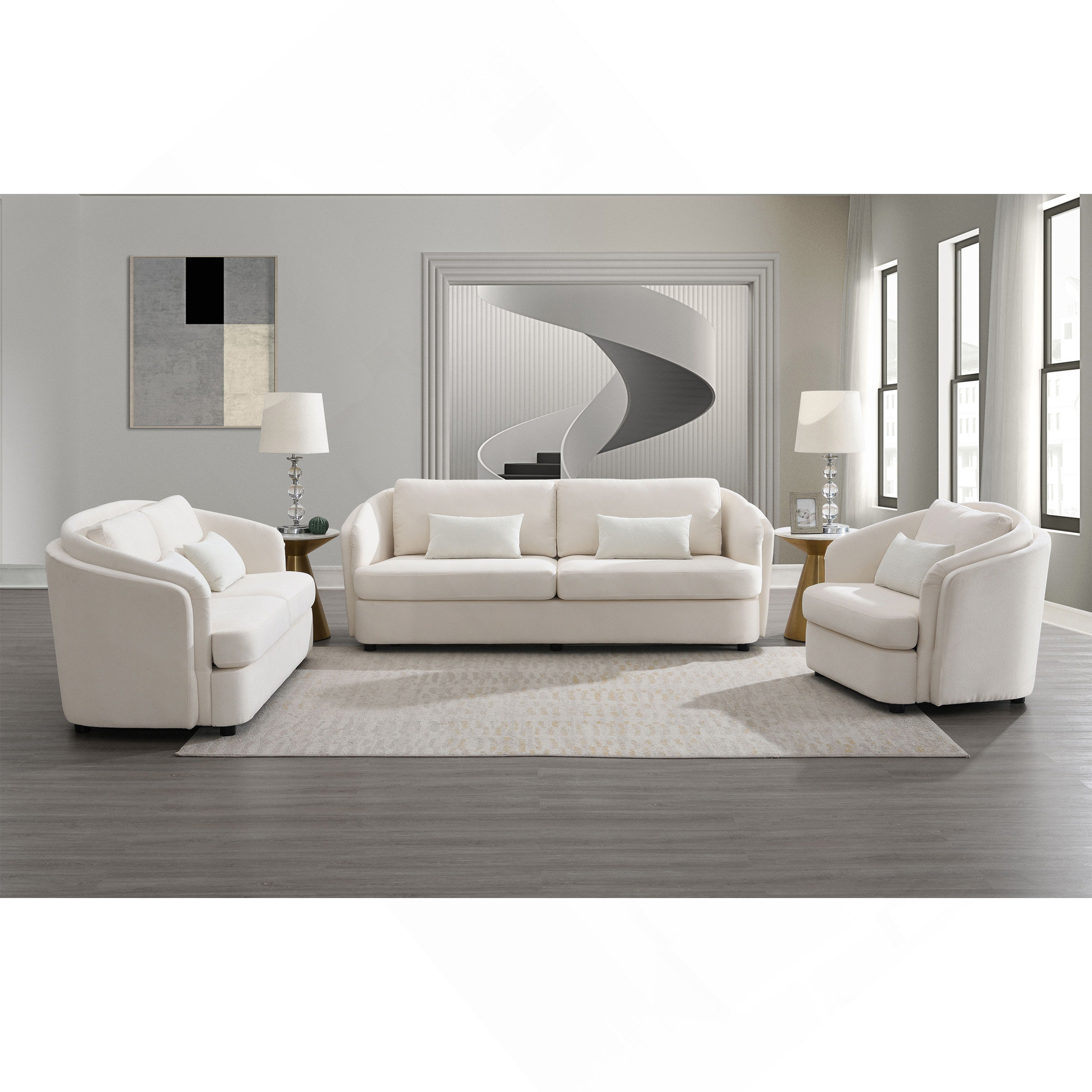 Hokku Designs Beige Linen 3Pcs Living Room Set (Sofa, Loveseat, Chair ...