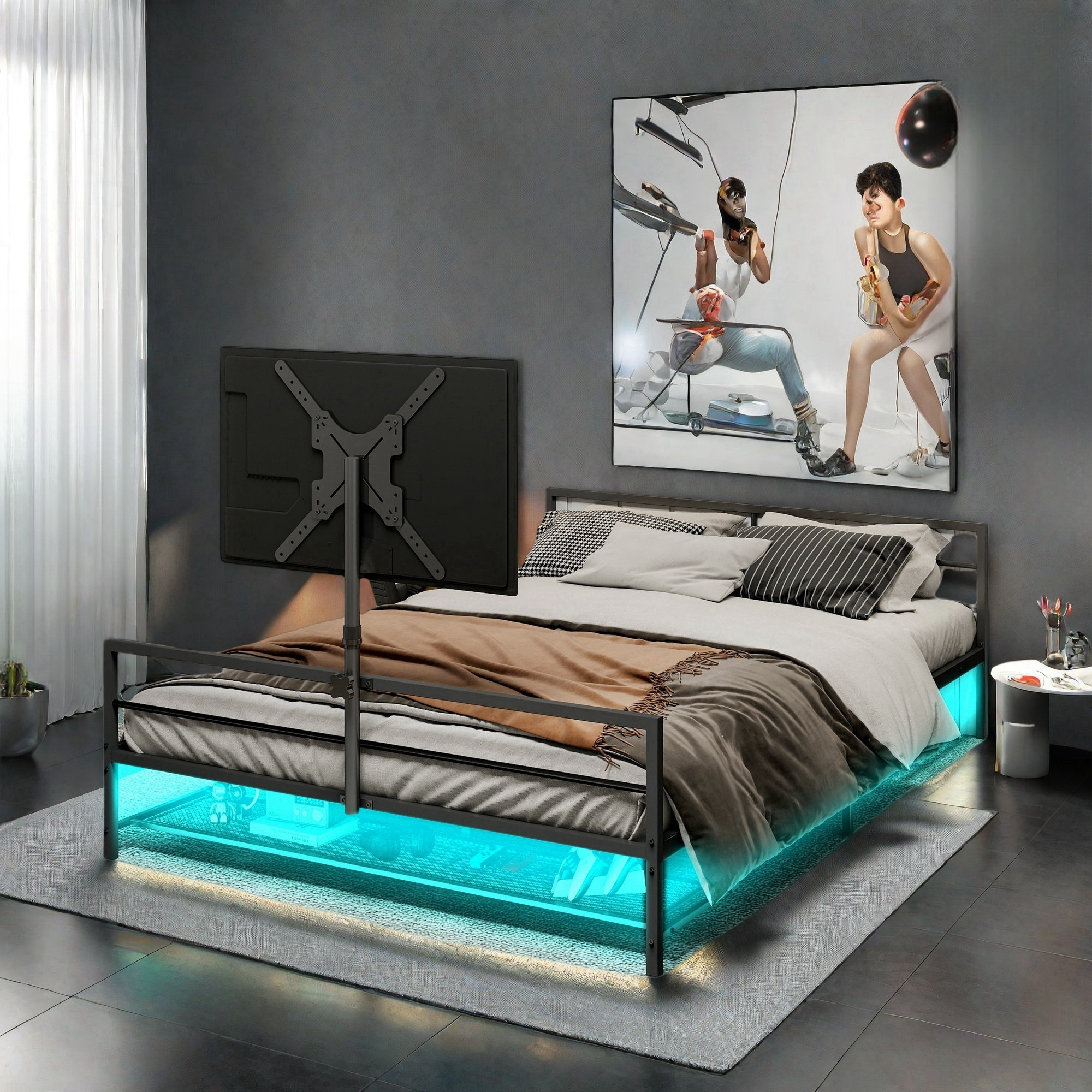 Ivy Bronx Full Size Gaming Metal Bed With A Rotating Tv Mount, Vented ...