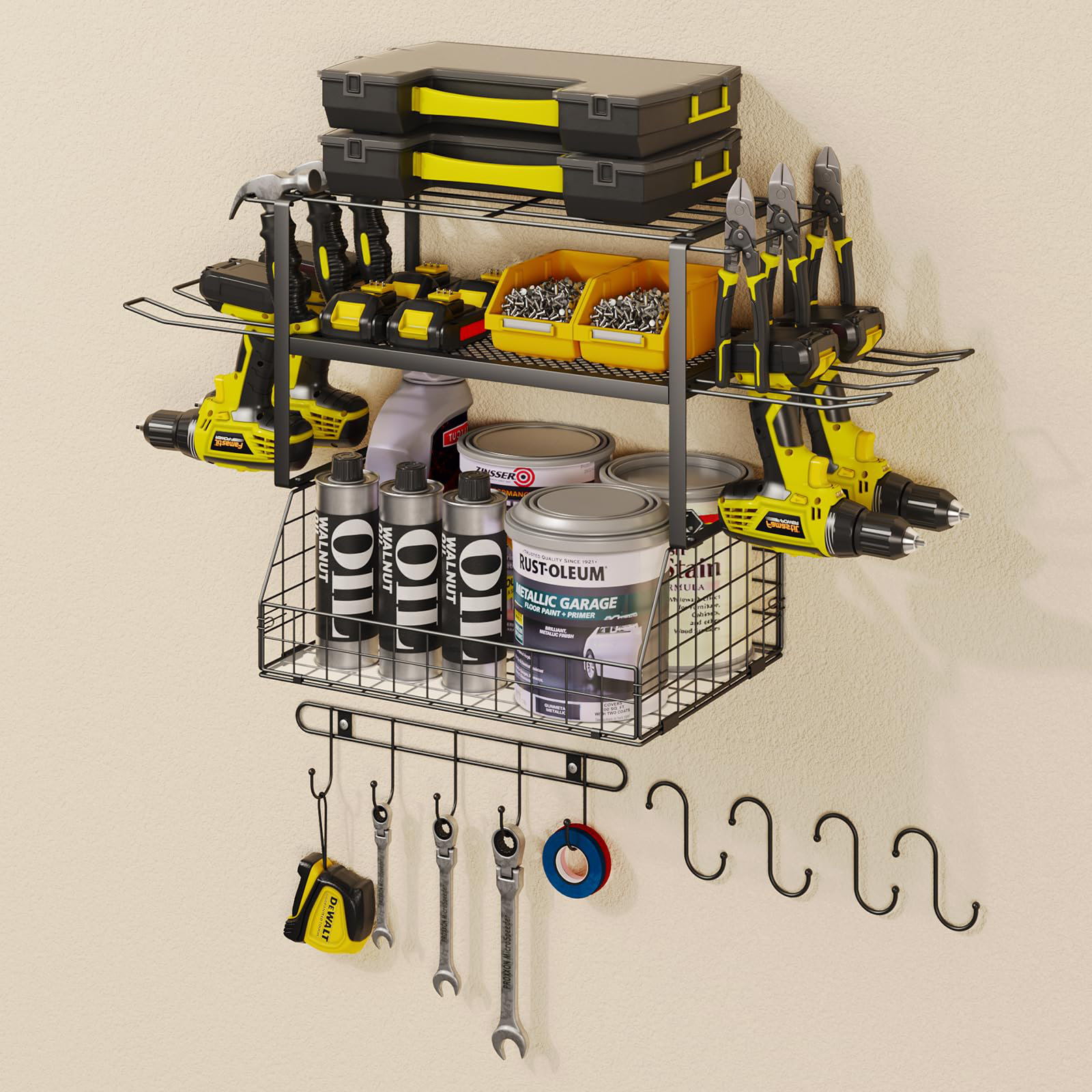 Rebrilliant Detachable Wall Mount Tool Rack, 3-Tier Garage Organizer ...