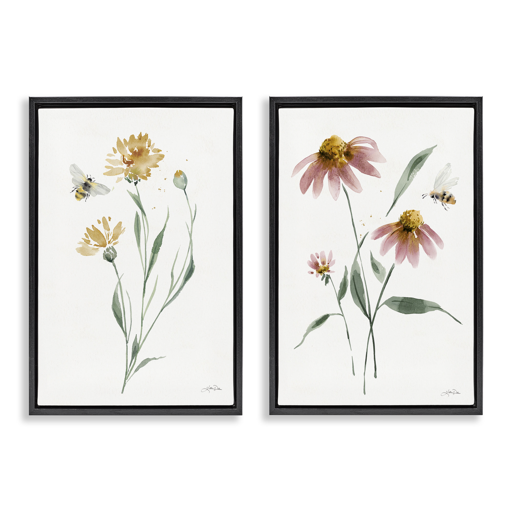 Red Barrel Studio® Flower Stem Bees 2 Pc Framed Floater Canvas Set By ...