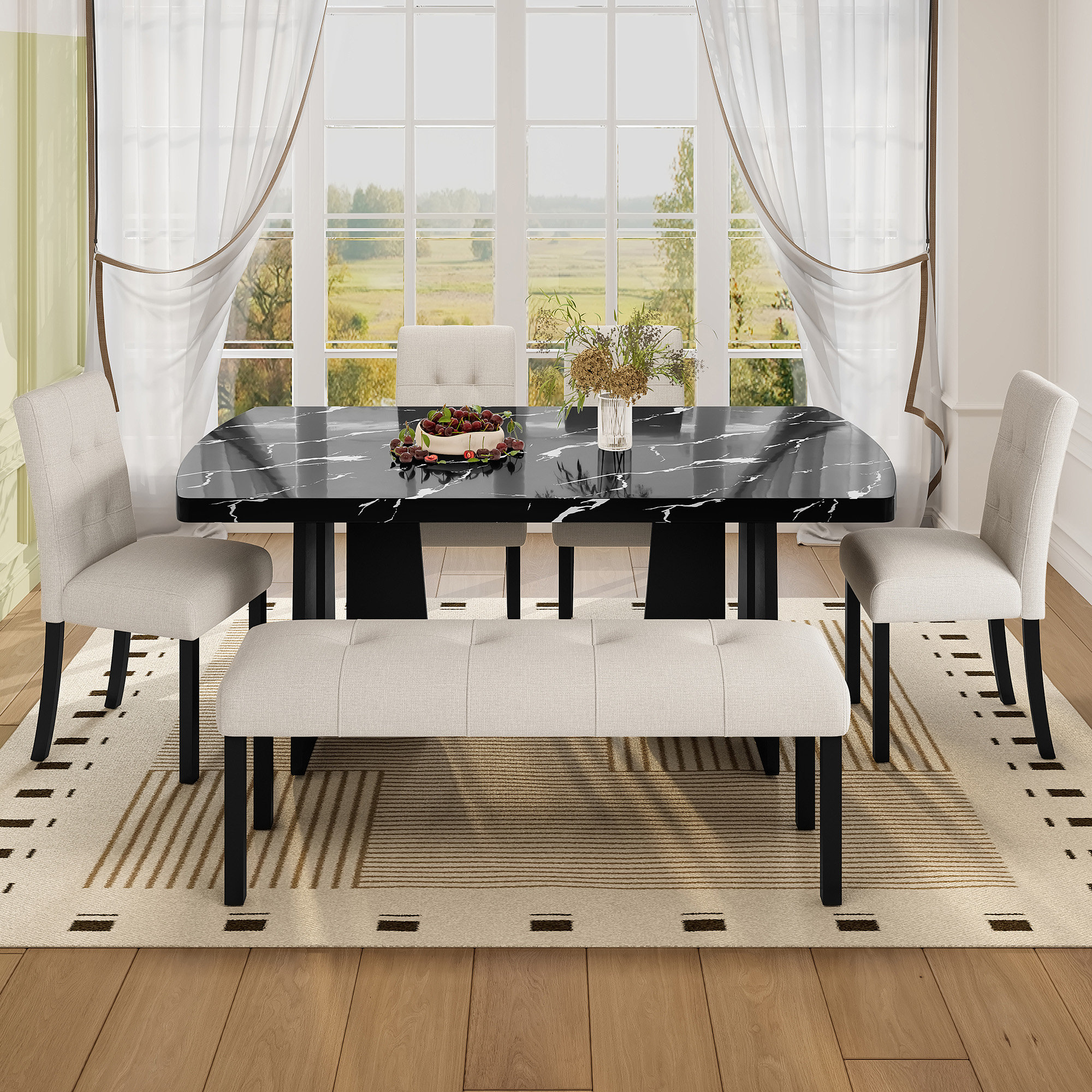 Latitude Run® 6 Piece Modern Dining Table Set, 63" Faux Marble Dining ...