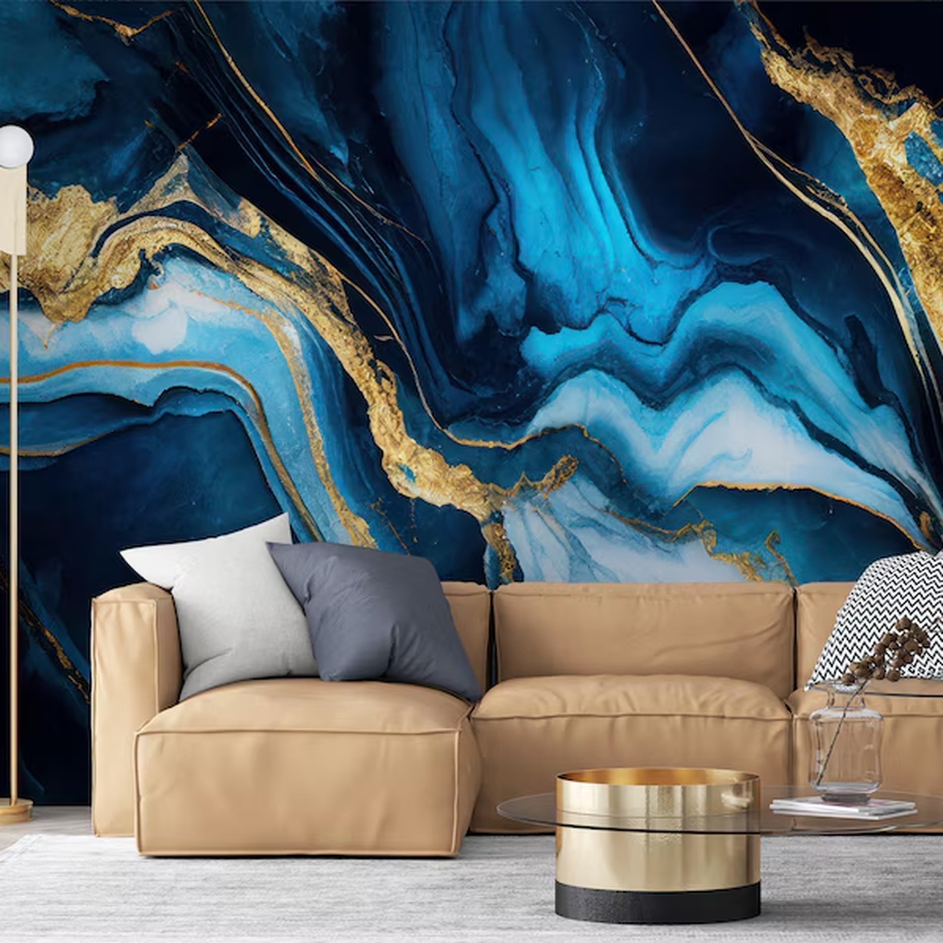 Red Barrel Studio® Deep Blue And Gold Marble Abstract Wall Mural Luxury ...
