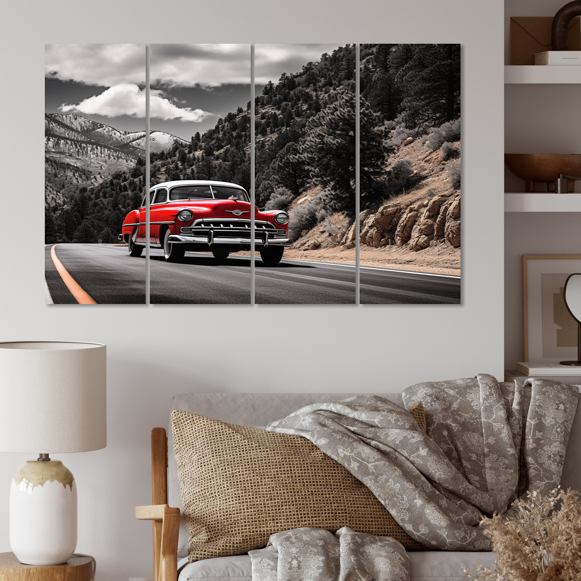 Design Art Red Classic Car Vintage Drive - Transportation Canvas Wall ...