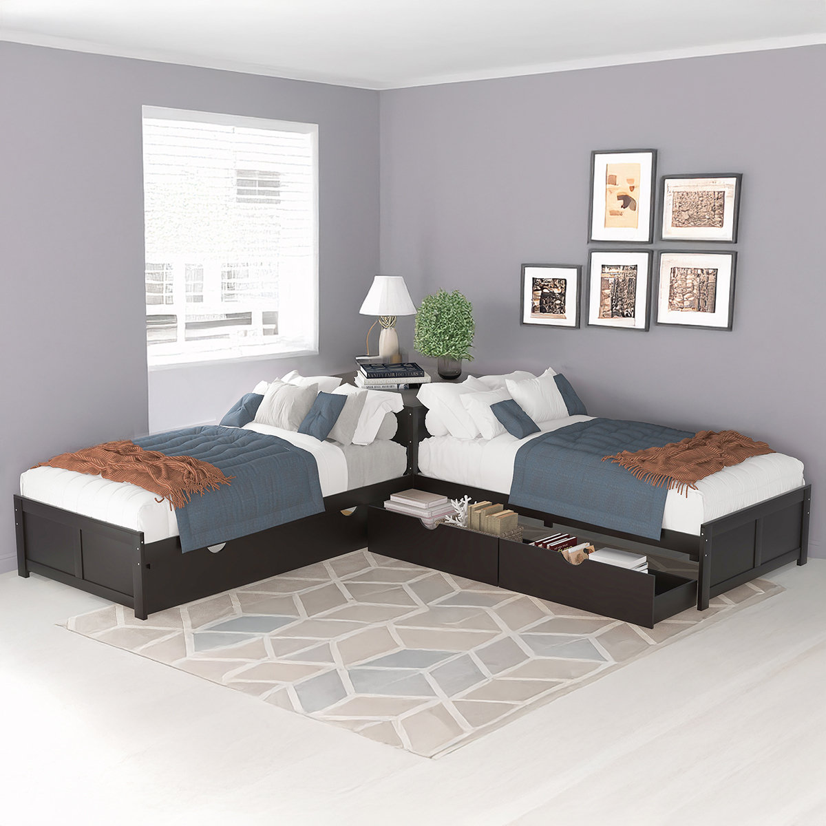 Latitude Run® Wooden L-Shaped Bed Frame With Drawers | Wayfair