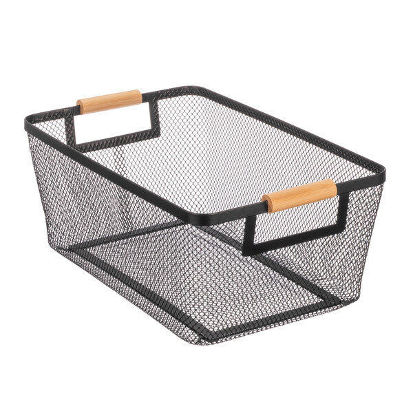 mDesign Metal Mesh Pantry Basket with Wooden Handle - Black/Natural ...