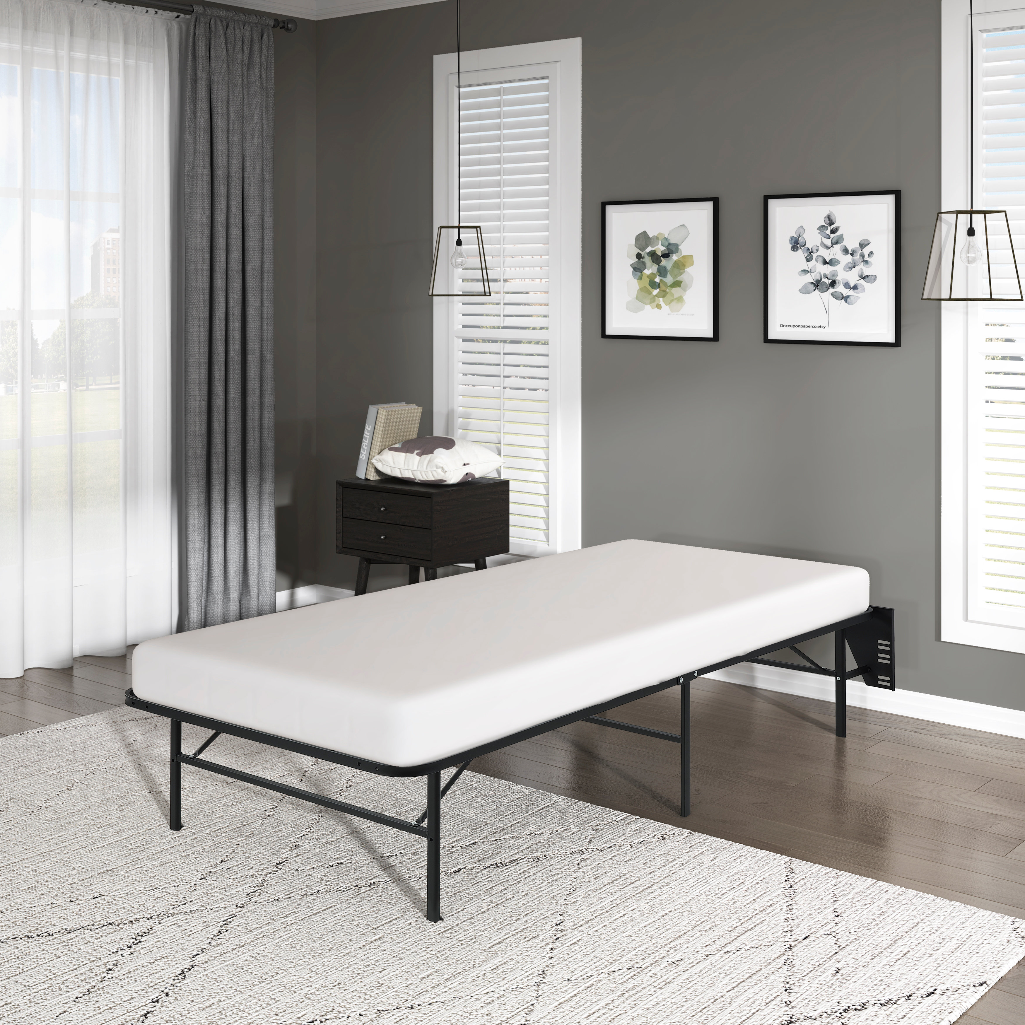 Ivy Bronx Black Metal Platform Foldable Bed Frame, Toolless High ...