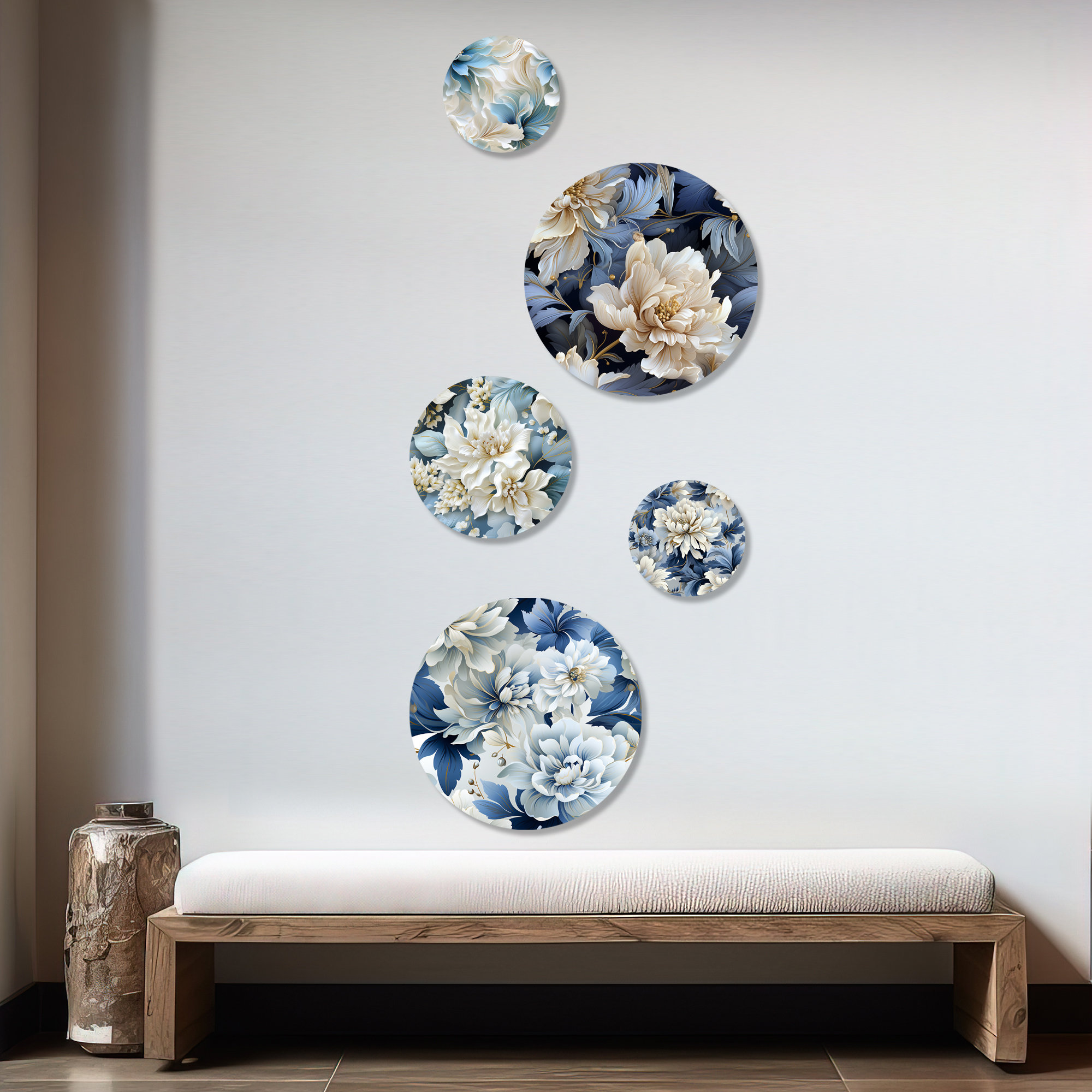Design Art Misty White And Blue Floral Damask - Damask Bohemian Round ...