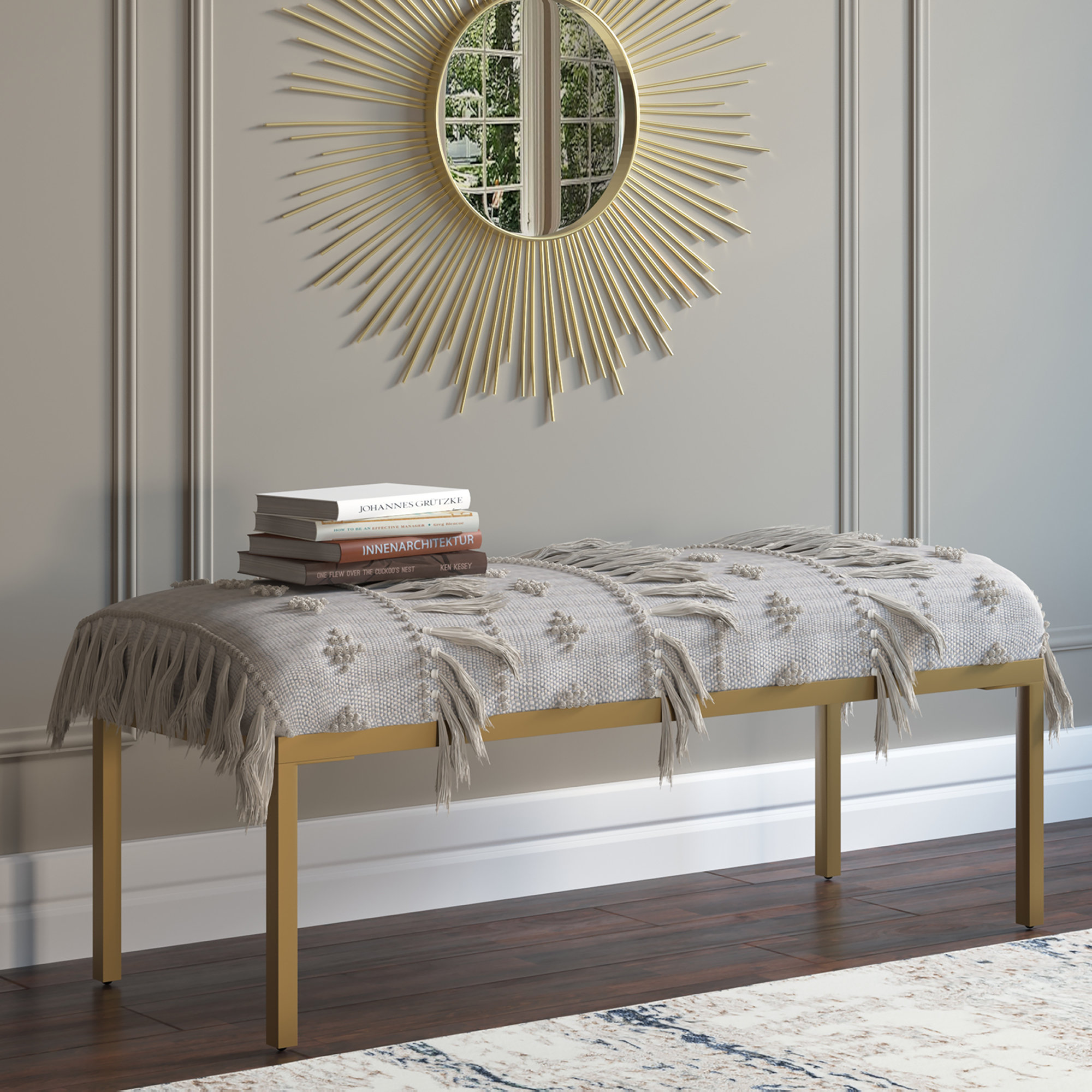 Bungalow Rose Modern Farmhouse Gray/Cream Geometric Fringe Upholstered ...