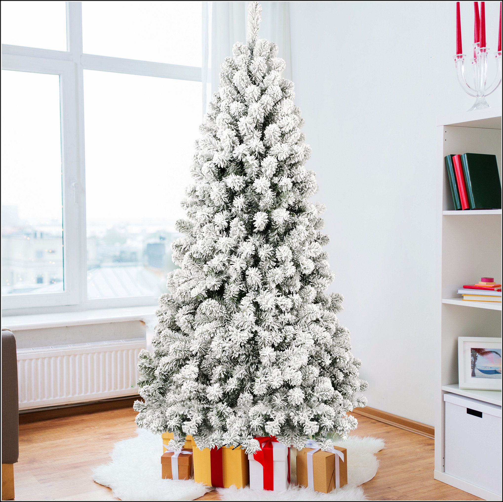 The Holiday Aisle® Pre-lit Flocked Christmas Tree with 498 Memory Wire ...