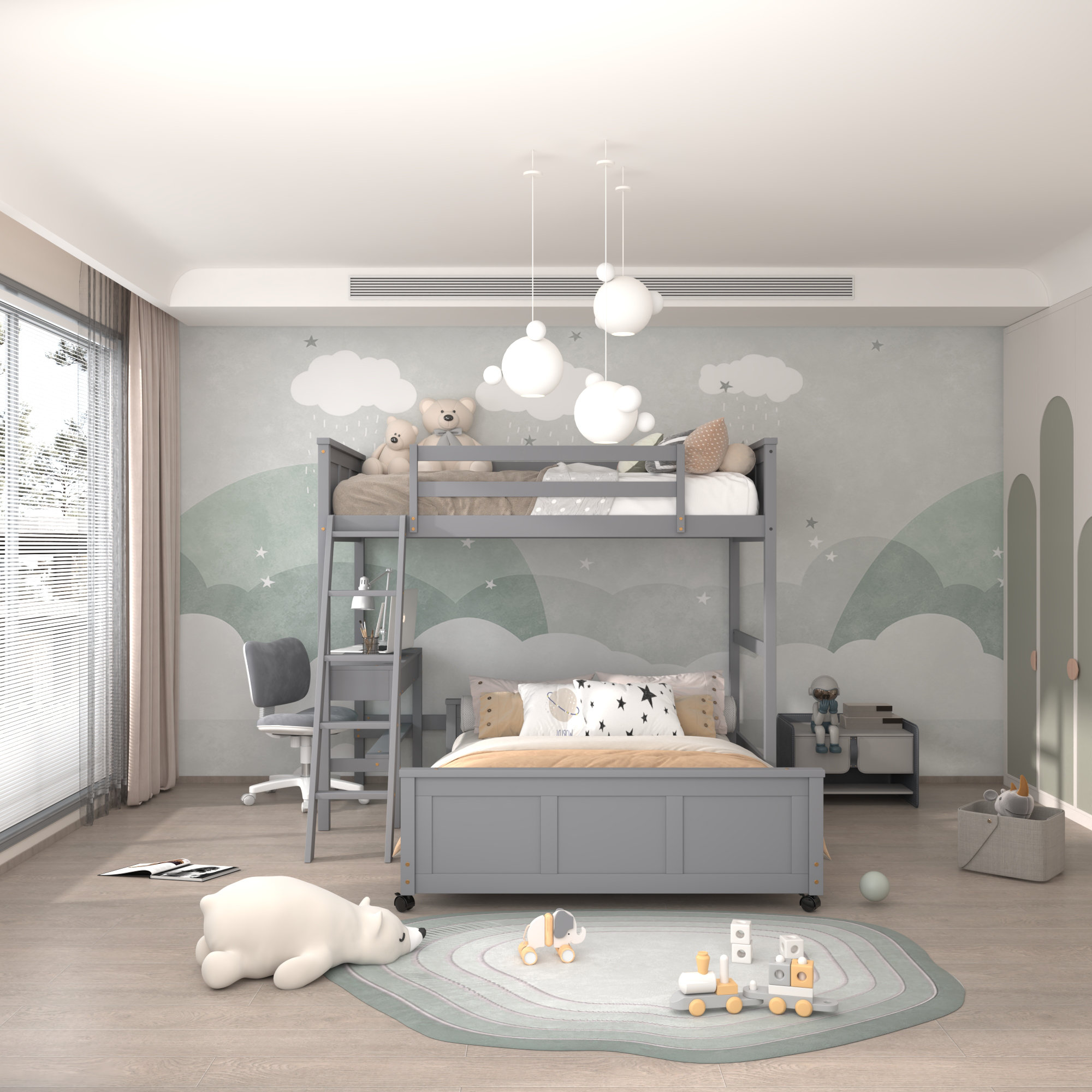 Latitude Run® Twin Over Full Bunk Beds With Desk And Drawers, Wood Twin ...