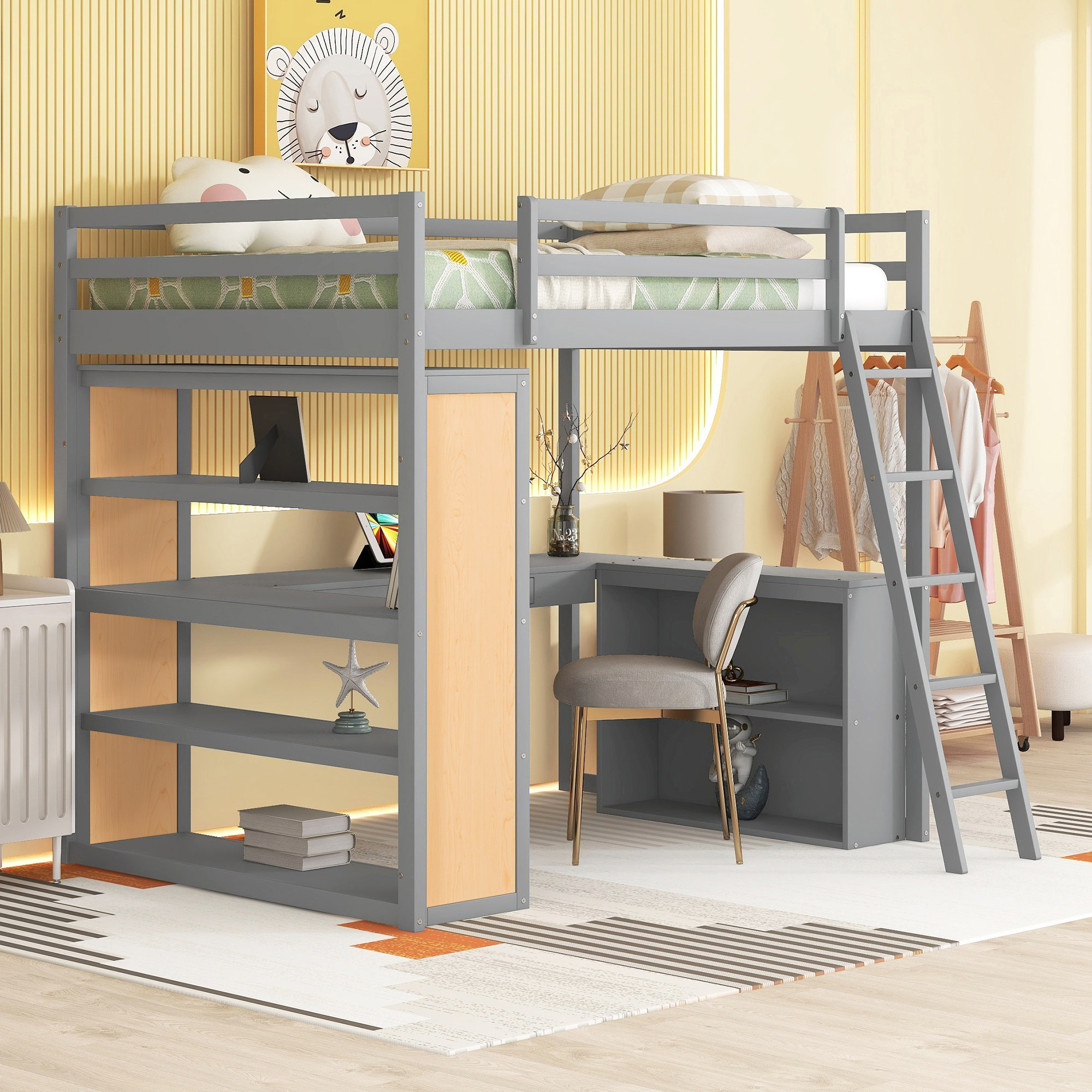 NFusion Moonlit Loft Bed Set With Ladder, Shelves, And Desk, Pine Wood ...