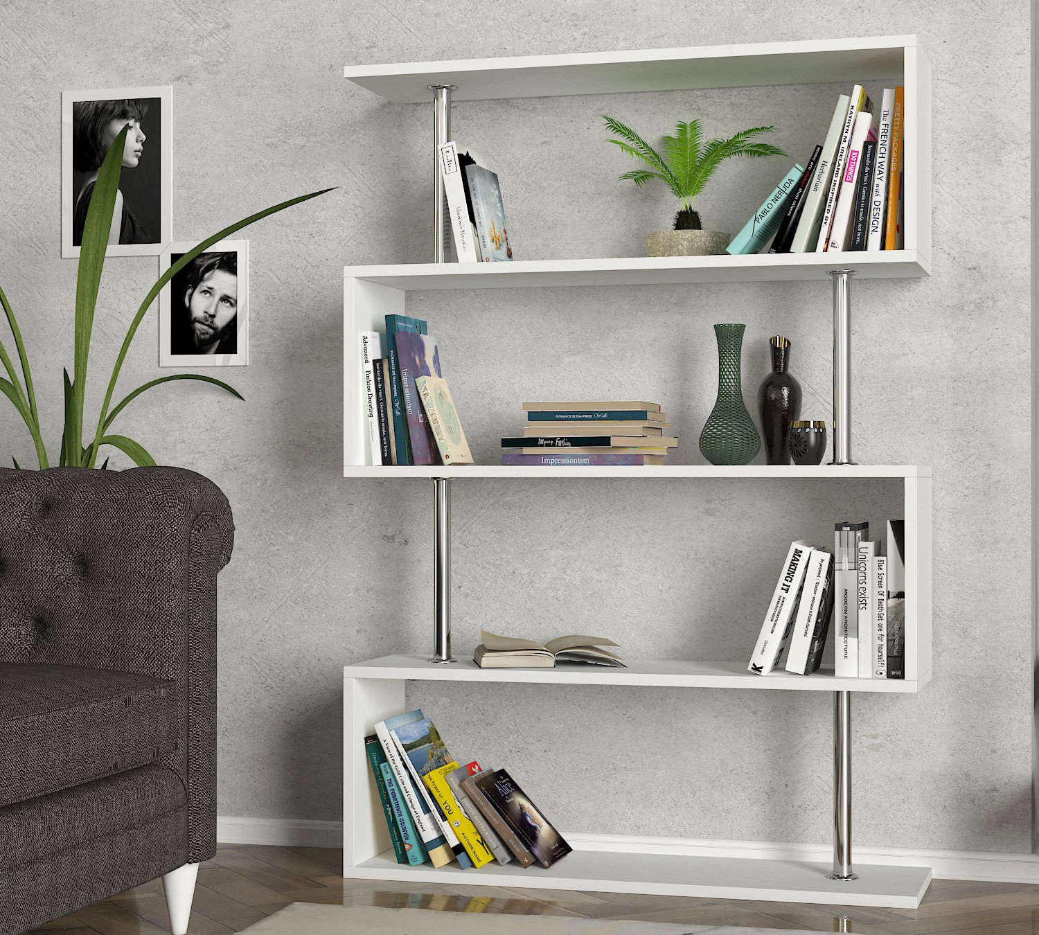 Orren Ellis 4 Tier S Shape Asymmetrical White Bookcase Supported By ...