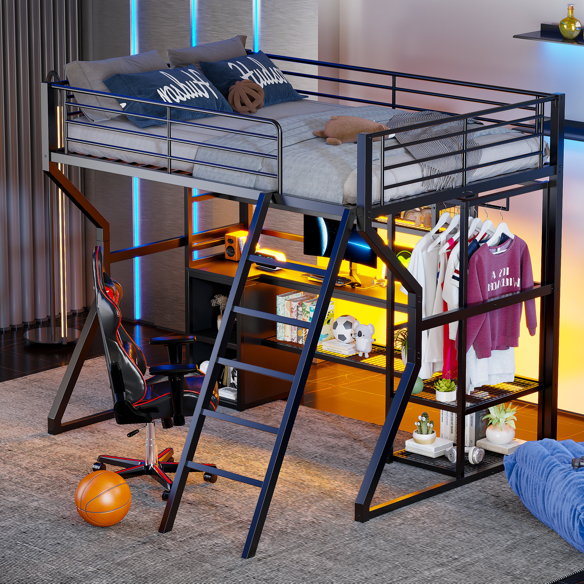Isabelle & Max™ Full Size Metal Gaming Loft Bed with Built-in Work ...