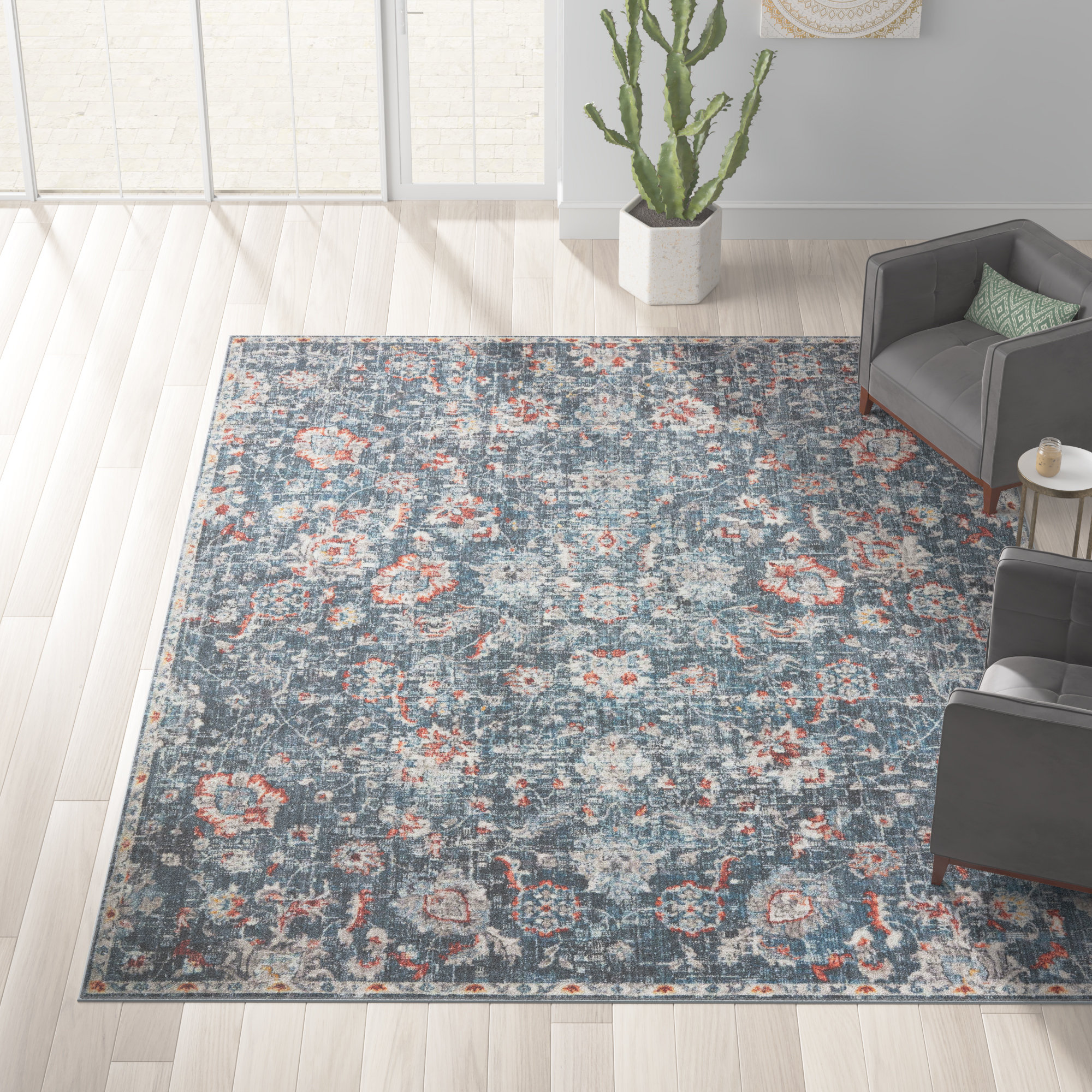 Langley Street® Fiorillo Floral Blue/Rust Area Rug | Wayfair