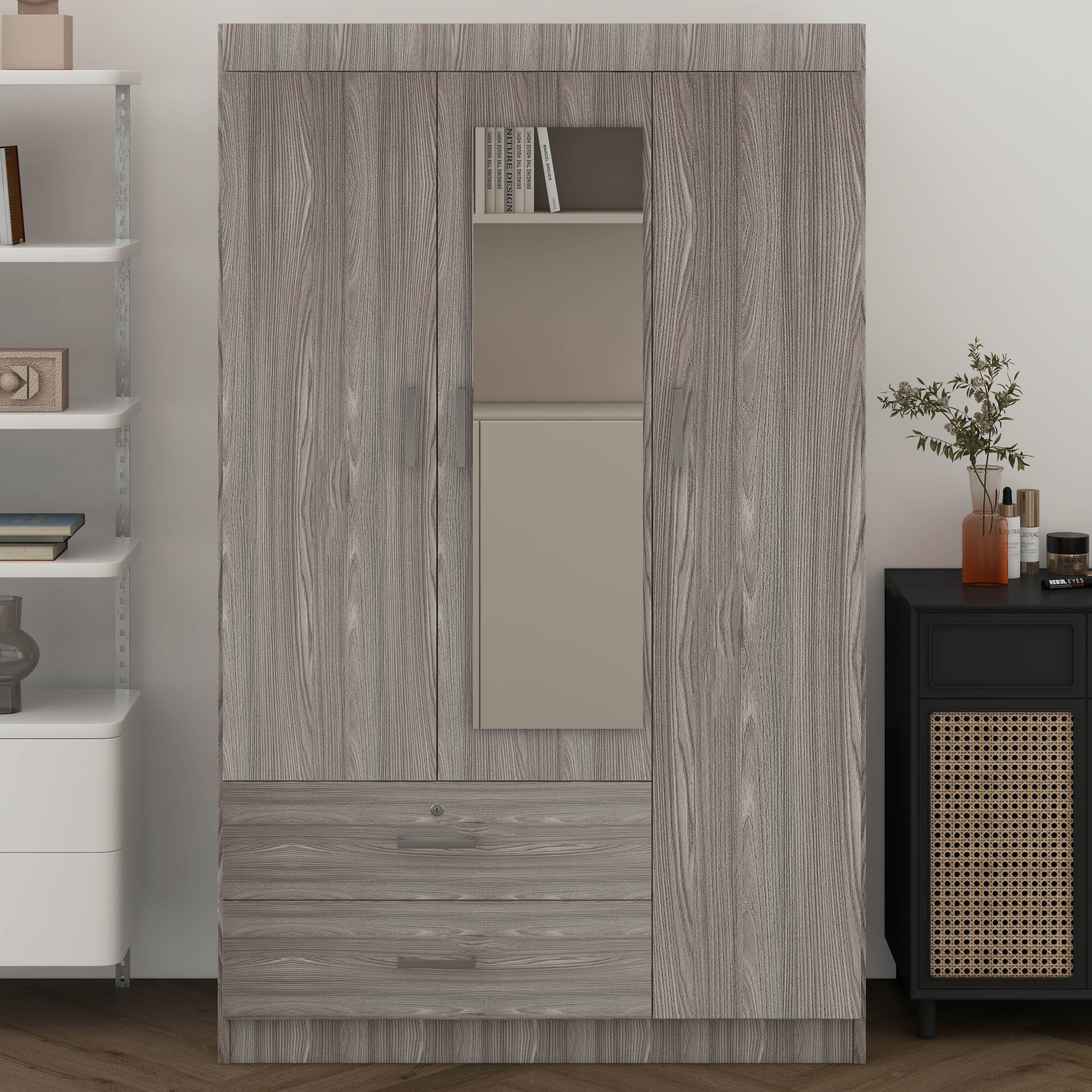 Gracie Oaks 3Door Wardrobe With Two Drawers, Hanging Clothes Area With ...
