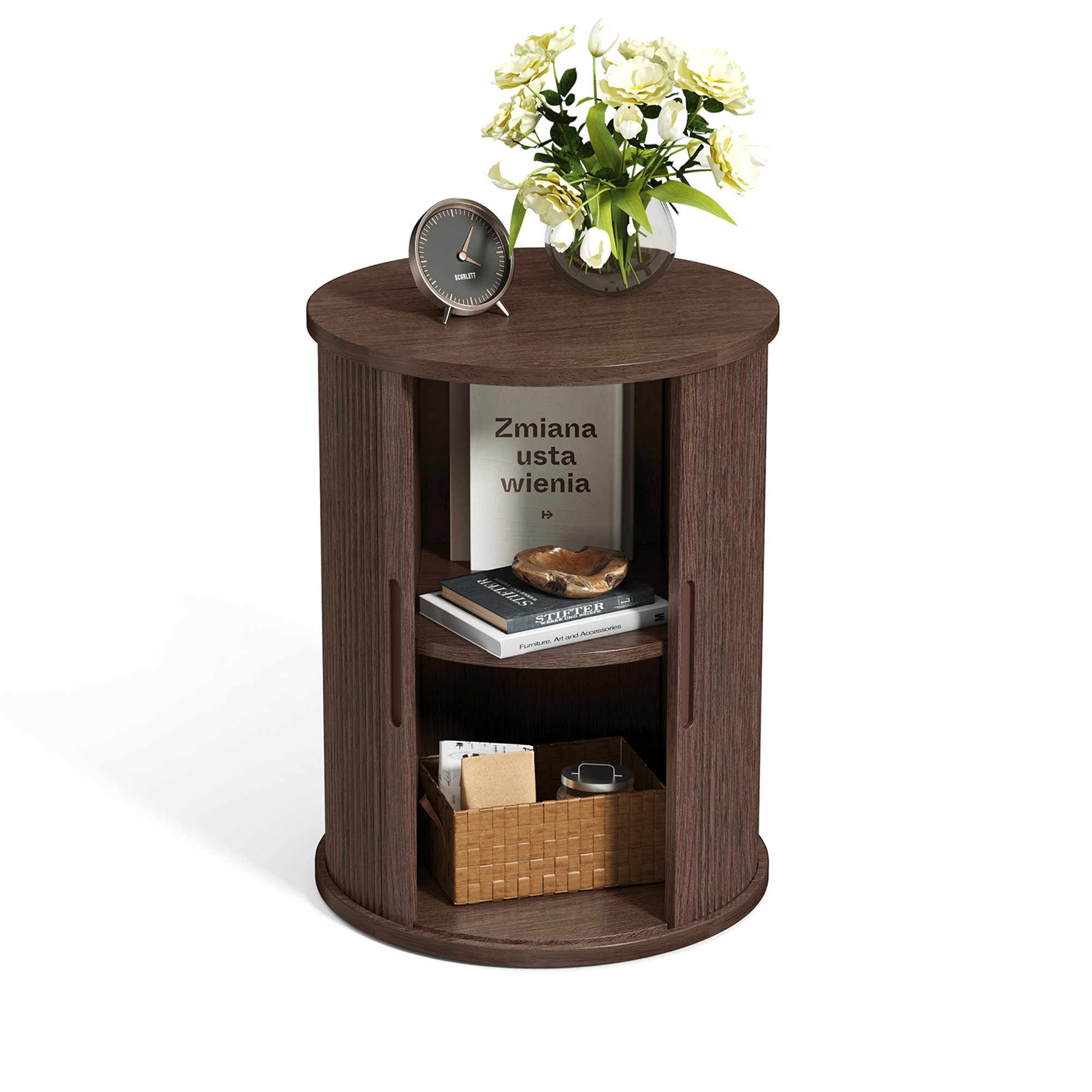 Ebern Designs Round Fluted End Table With Sliding Tambour Door And ...