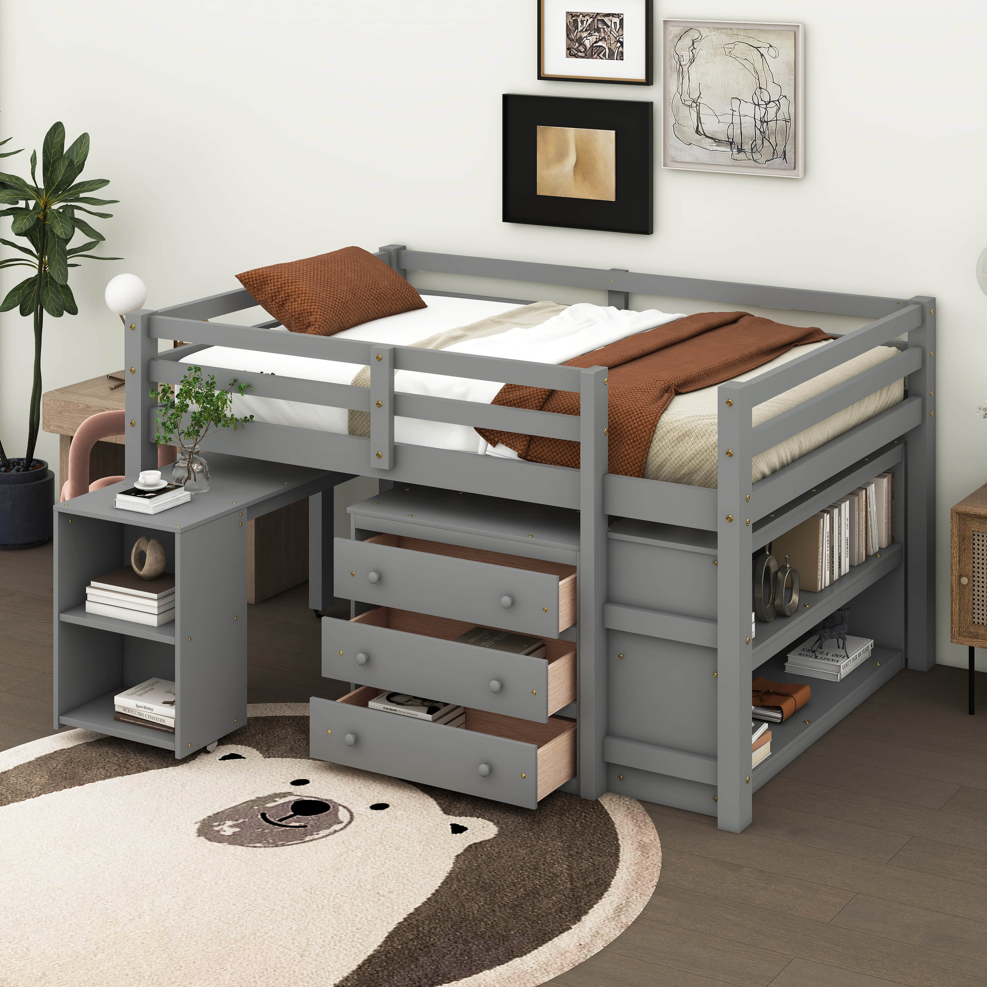 Harriet Bee Low Study Full Loft Bed With Cabinet ,Shelves And Rolling Portable Desk - Wayfair Canada