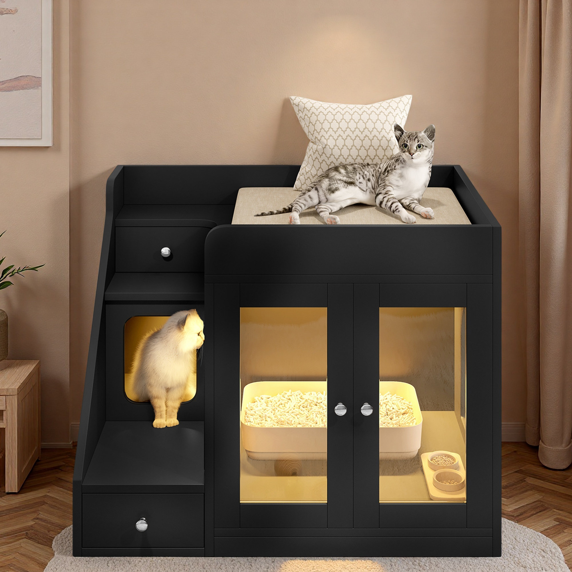 Tucker Murphy Pet™ Cat Litter Box Enclosure With Light, 2 Storage ...