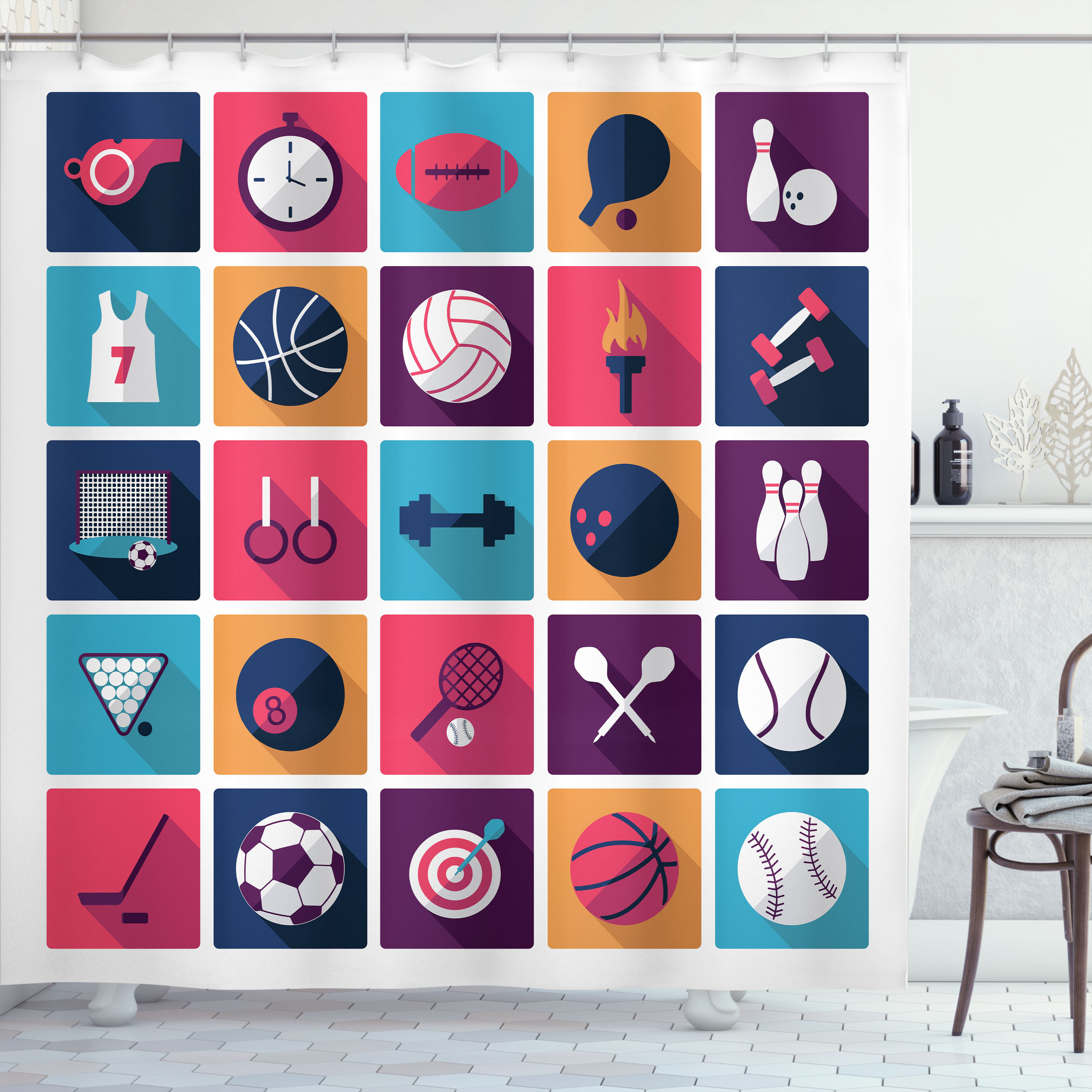 Ambesonne Sports Shower Curtain Bowling Collage Navy Purple | Wayfair