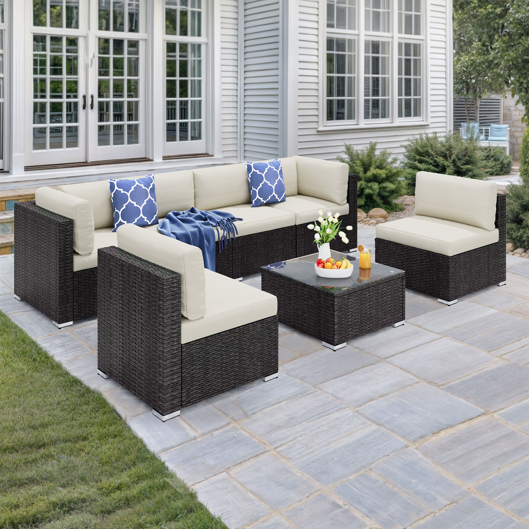Ebern Designs 7 Pieces Outdoor Conversation Set Including Table, Corner ...