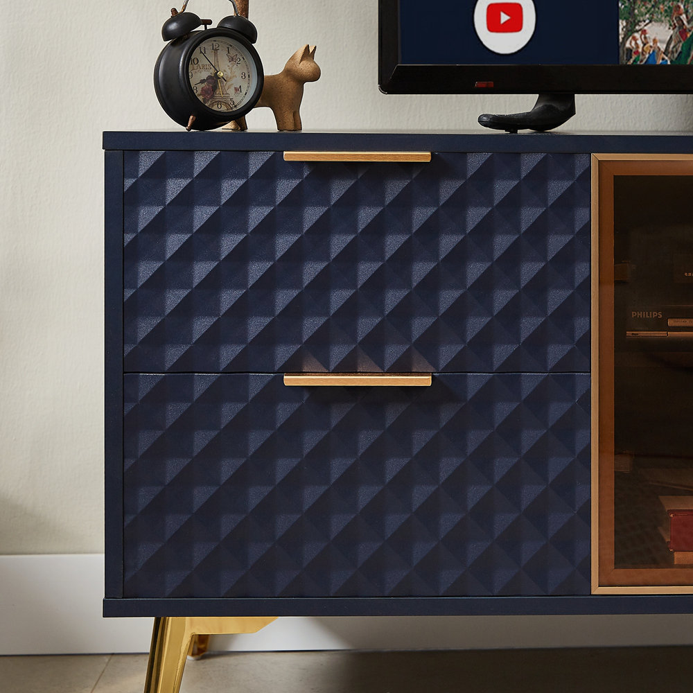 Mercer41 Aluminum Frame TV Stand with Tempered Glass Door 4 Drawer ...