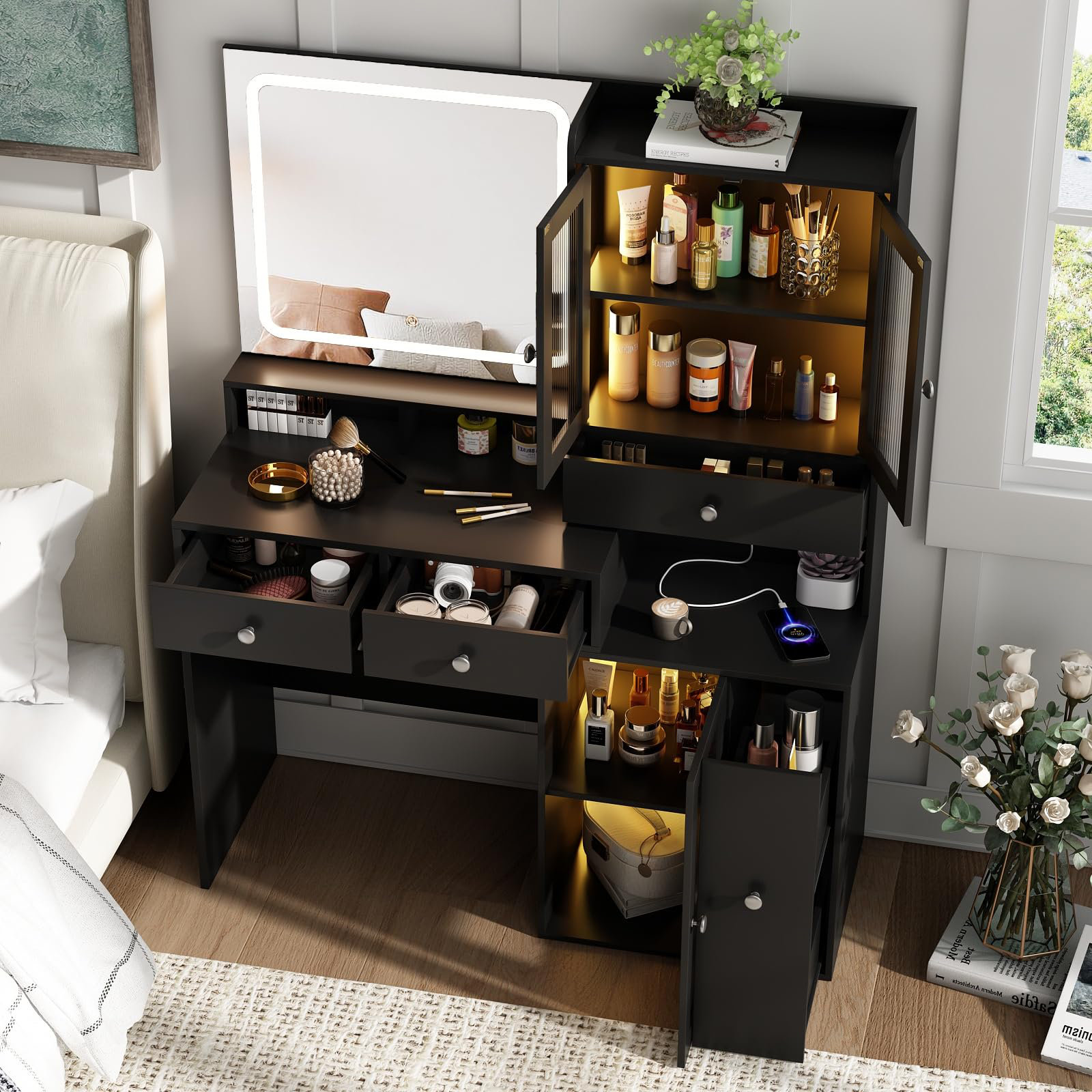 Ivy Bronx Makeup Vanity Desk With Mirror And Lights & Reviews - Wayfair ...