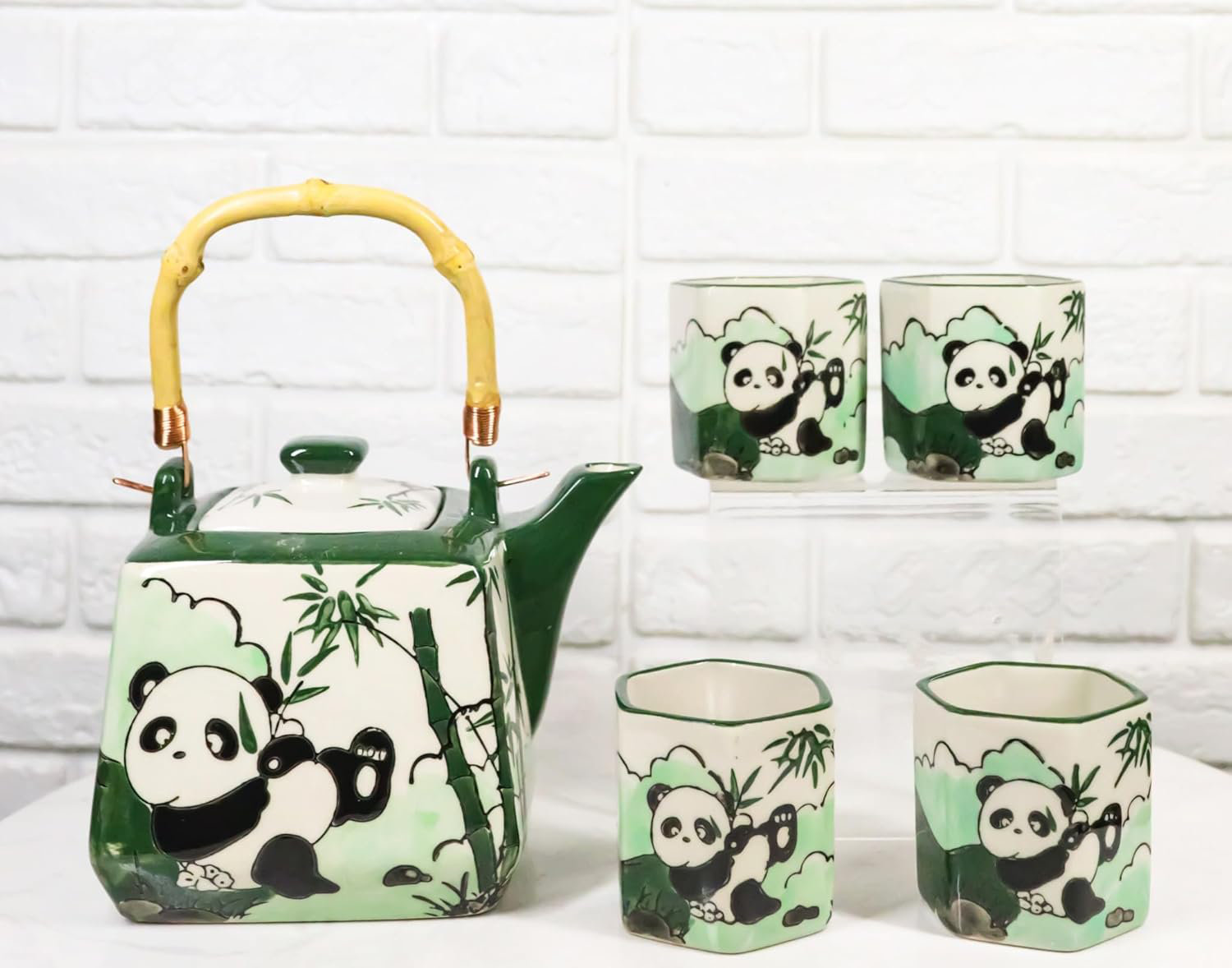 Bungalow Rose Green Bamboo Lucky Panda Bear Ceramic Hexagonal Teapot ...