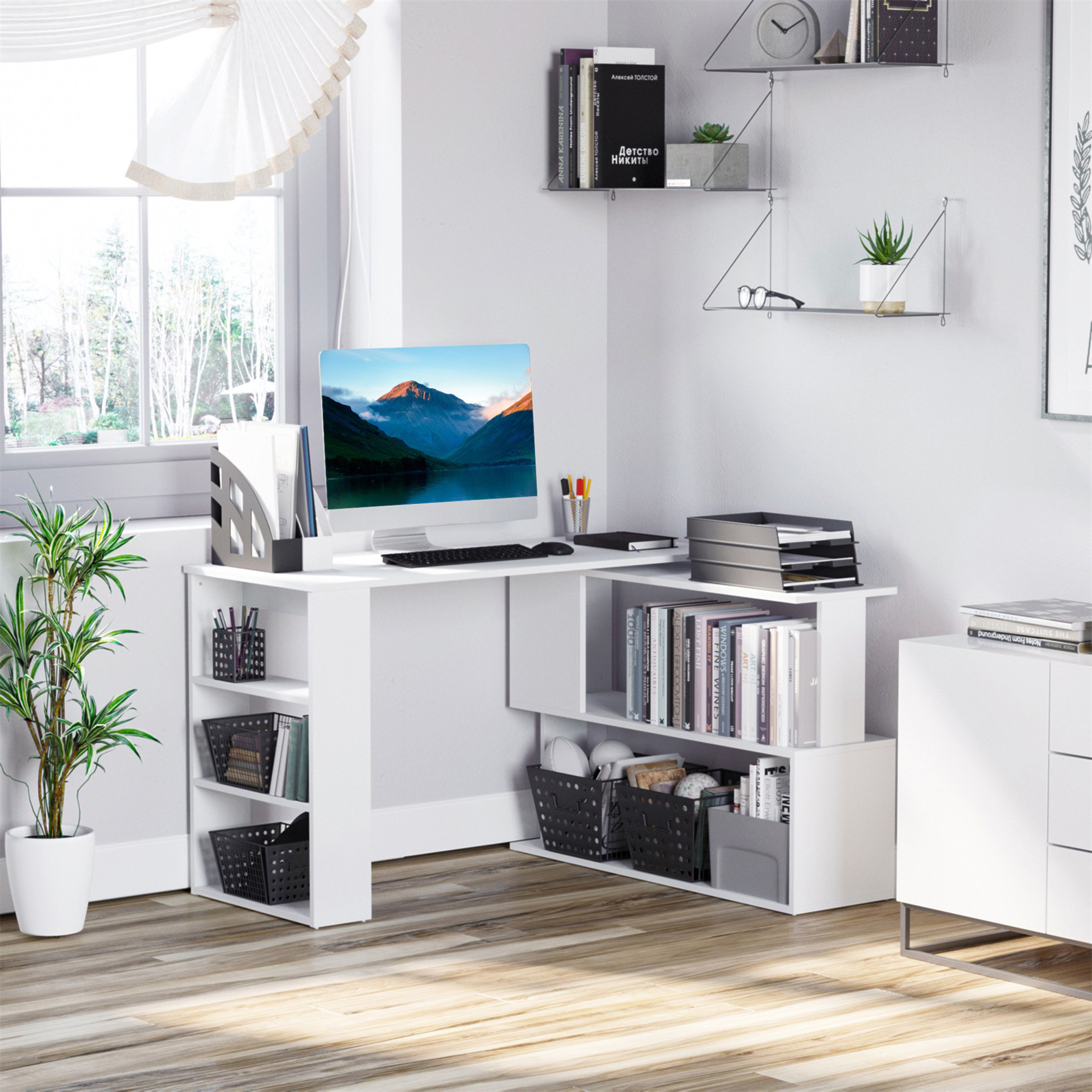 Ivy Bronx L Shaped Corner Desk, 360 Degree Rotating Home Office Desk ...