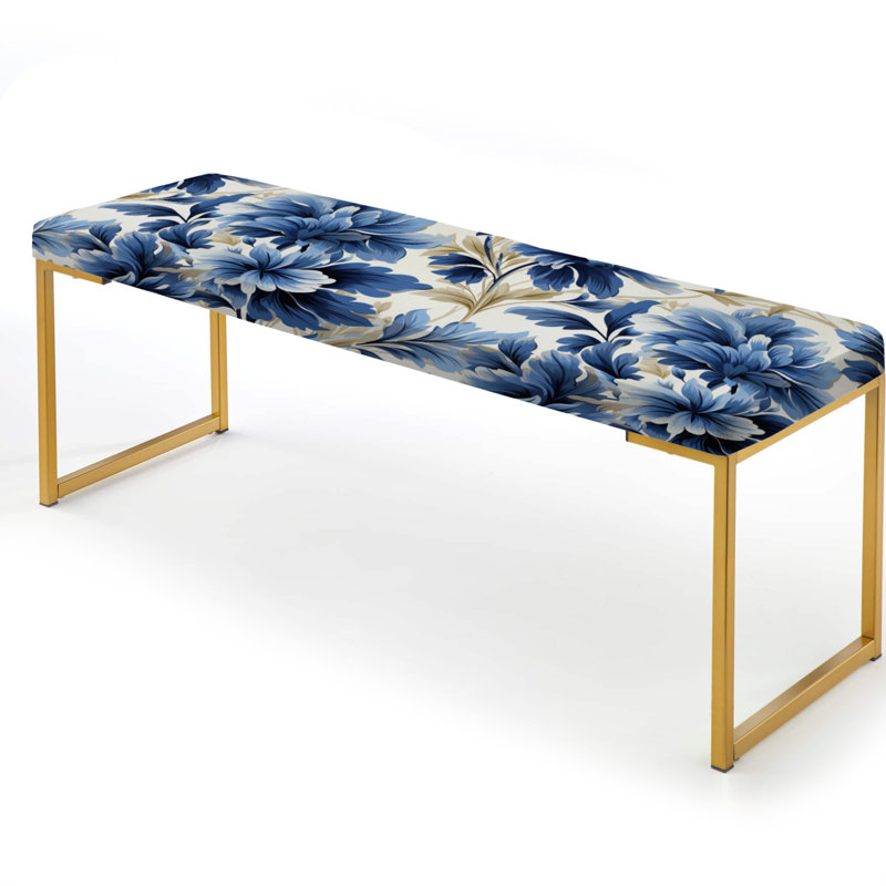 Design Art Blue And White Damask Flower - Floral Upholstered Gold Bench ...