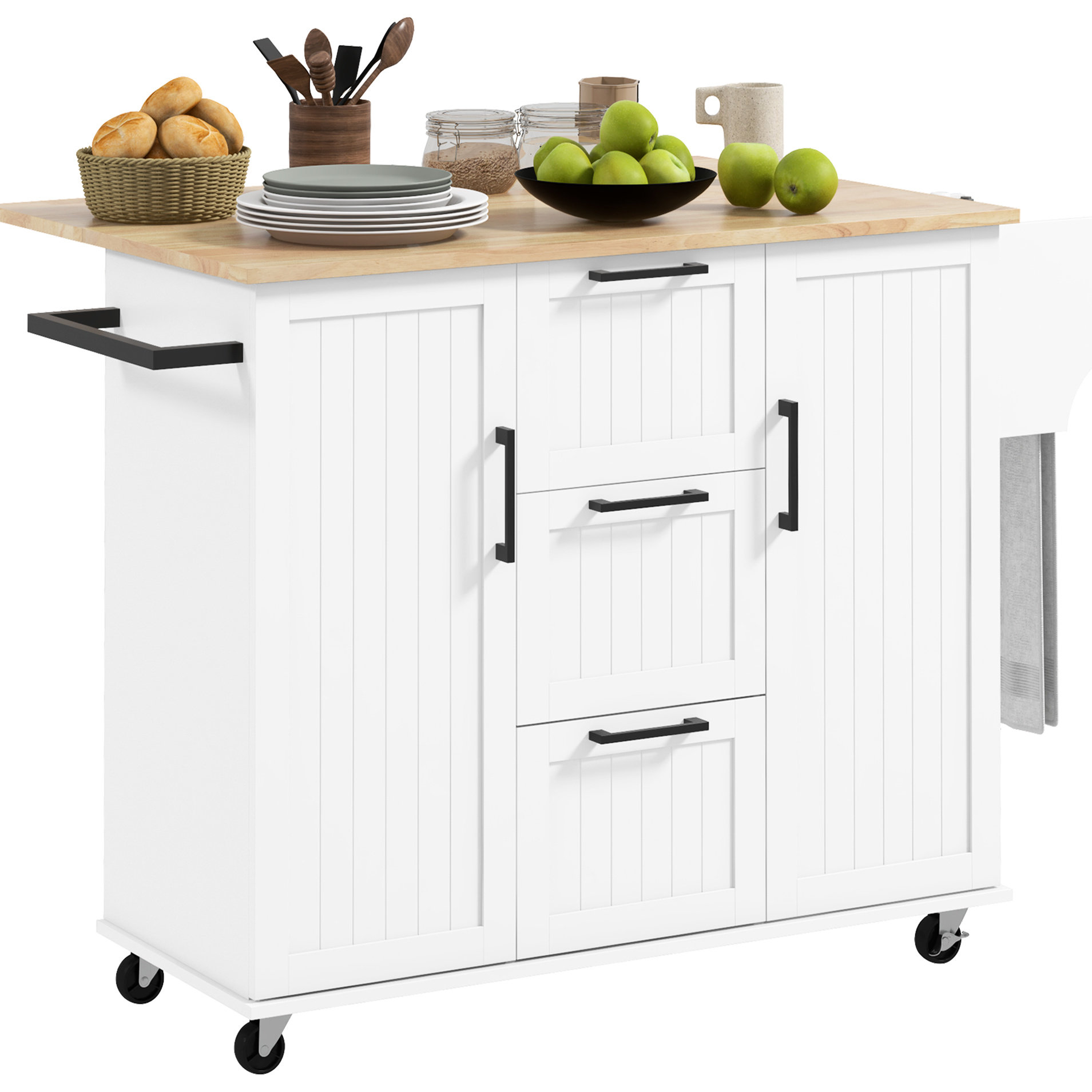 Latitude Run® White Kitchen Island With Drop Leaf And Wheels, 3 Drawers ...