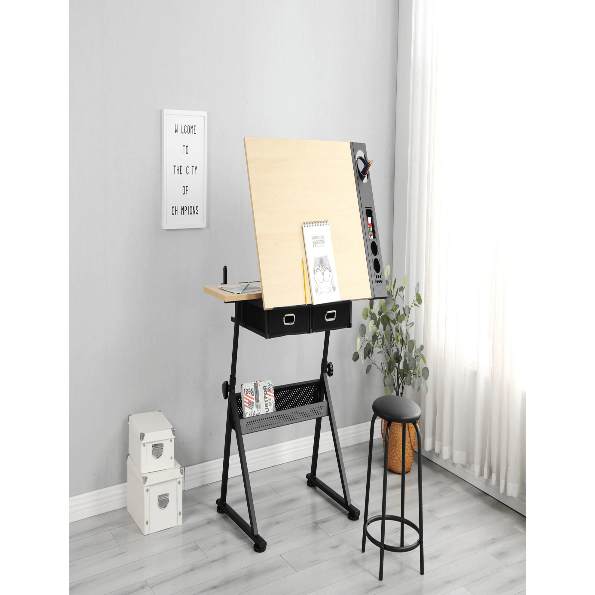 17 Stories Adjustable Drawing Drafting Table Desk With 2 Drawers For ...