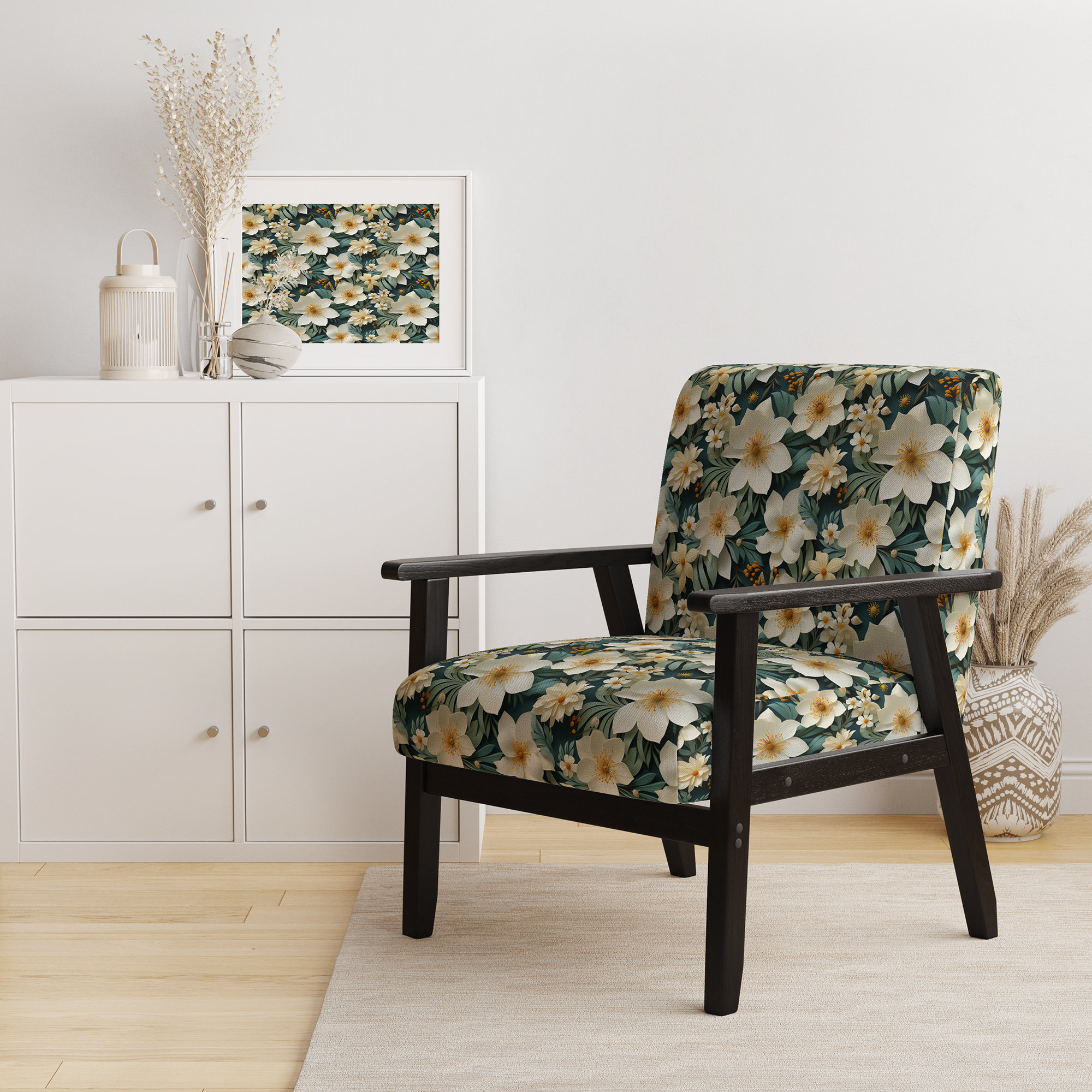 Red Barrel Studio® White Green Elegance Botanical Pattern - Upholstered ...