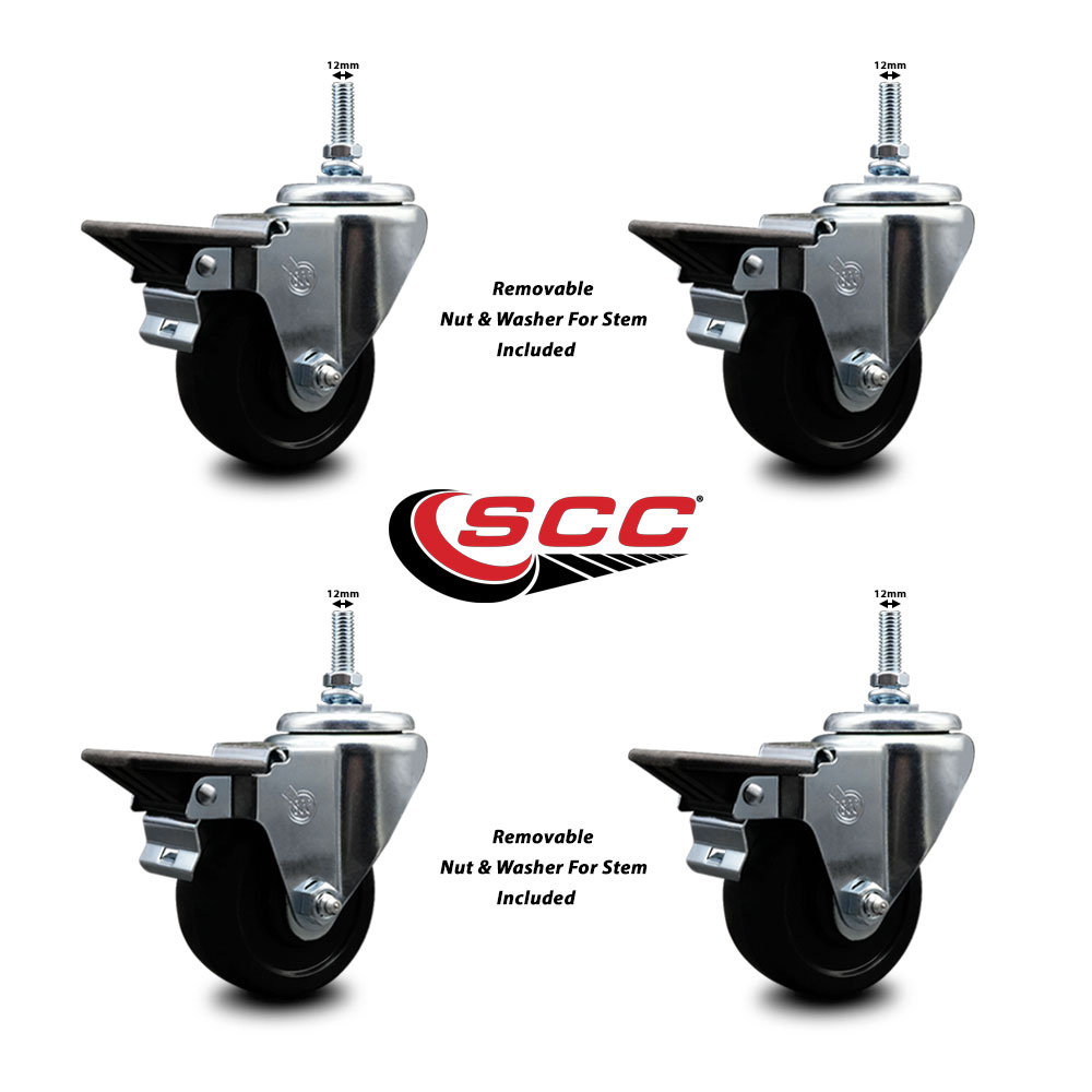 Service Caster 3 Inch_Soft Rubber 12MM Threaded Stem Caster Set with ...