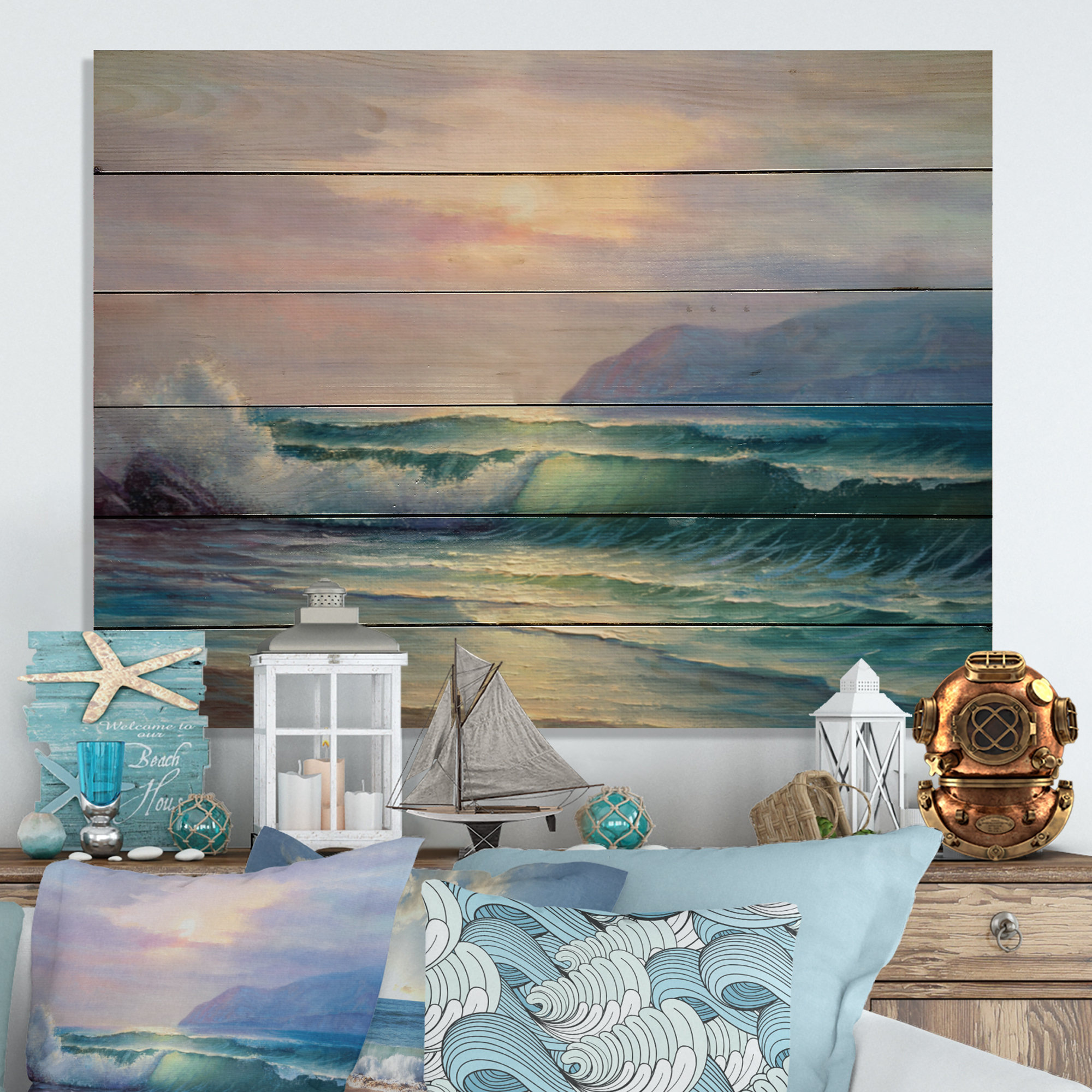 Highland Dunes Beautiful Green Ocean Sunset and Waves - Unframed ...