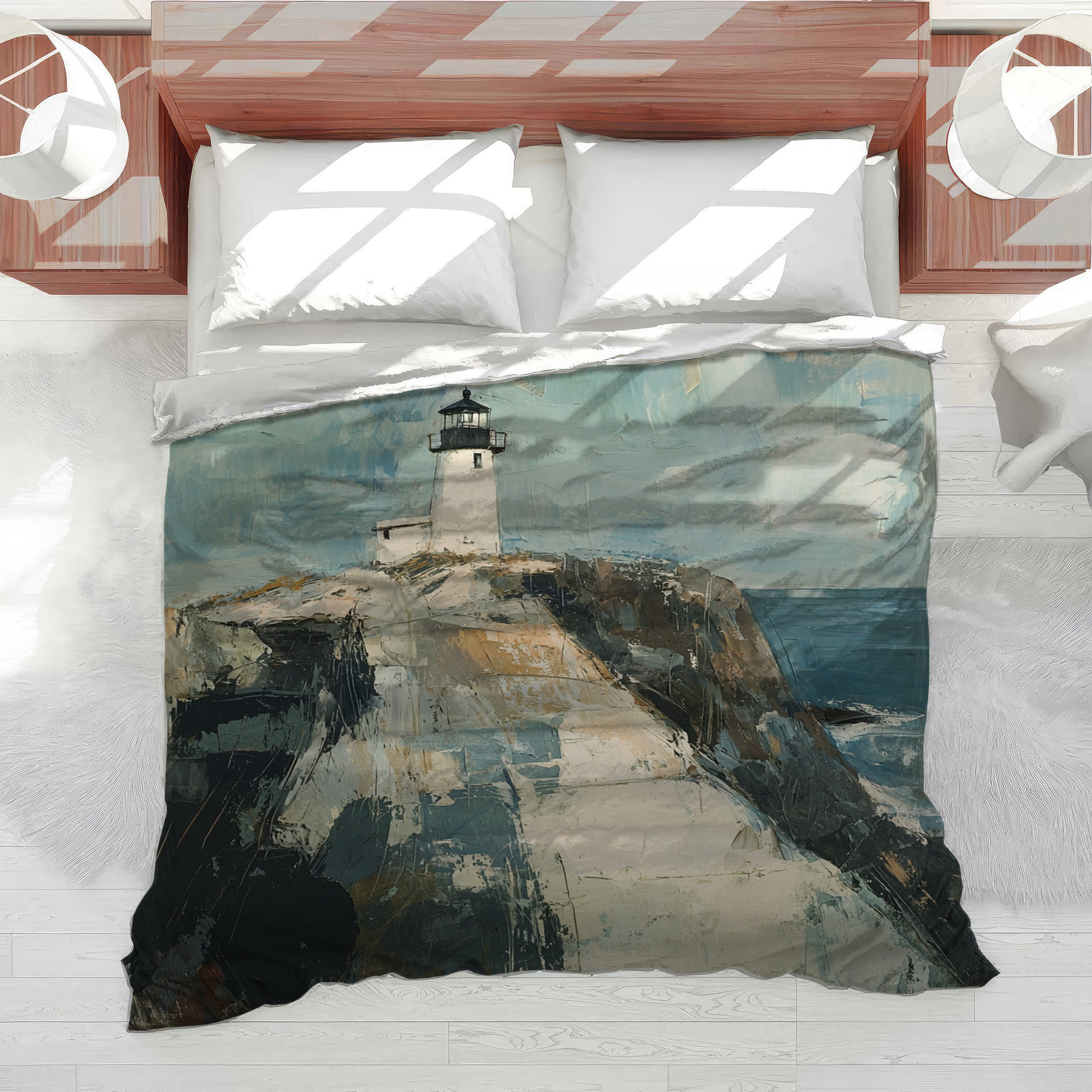 VisionDecor Lighthouse Bedding Seascape Duvet Cover Coastal Beach | Wayfair