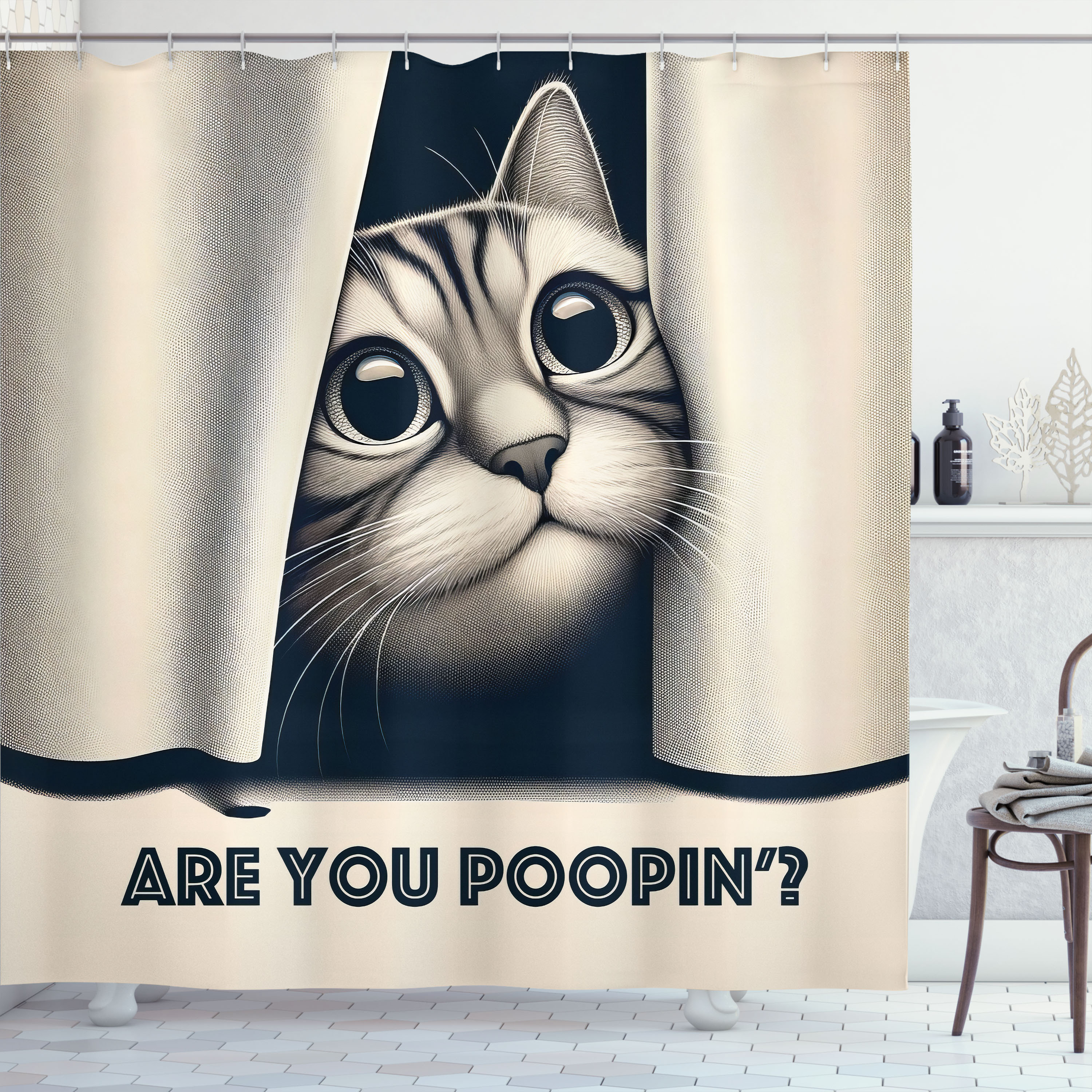 Ambesonne Cat Shower Curtain Are You Poopin' Retro Funny in Dark Blue ...
