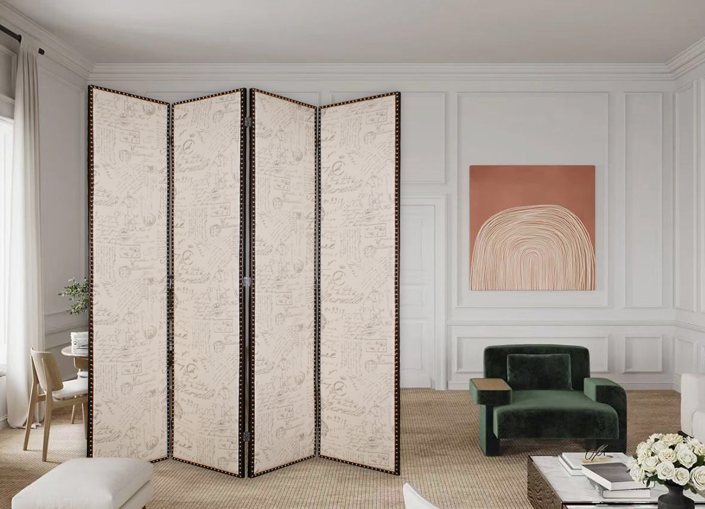 One Allium Way® Elegant Tan Wood & Fabric Screen | Wayfair