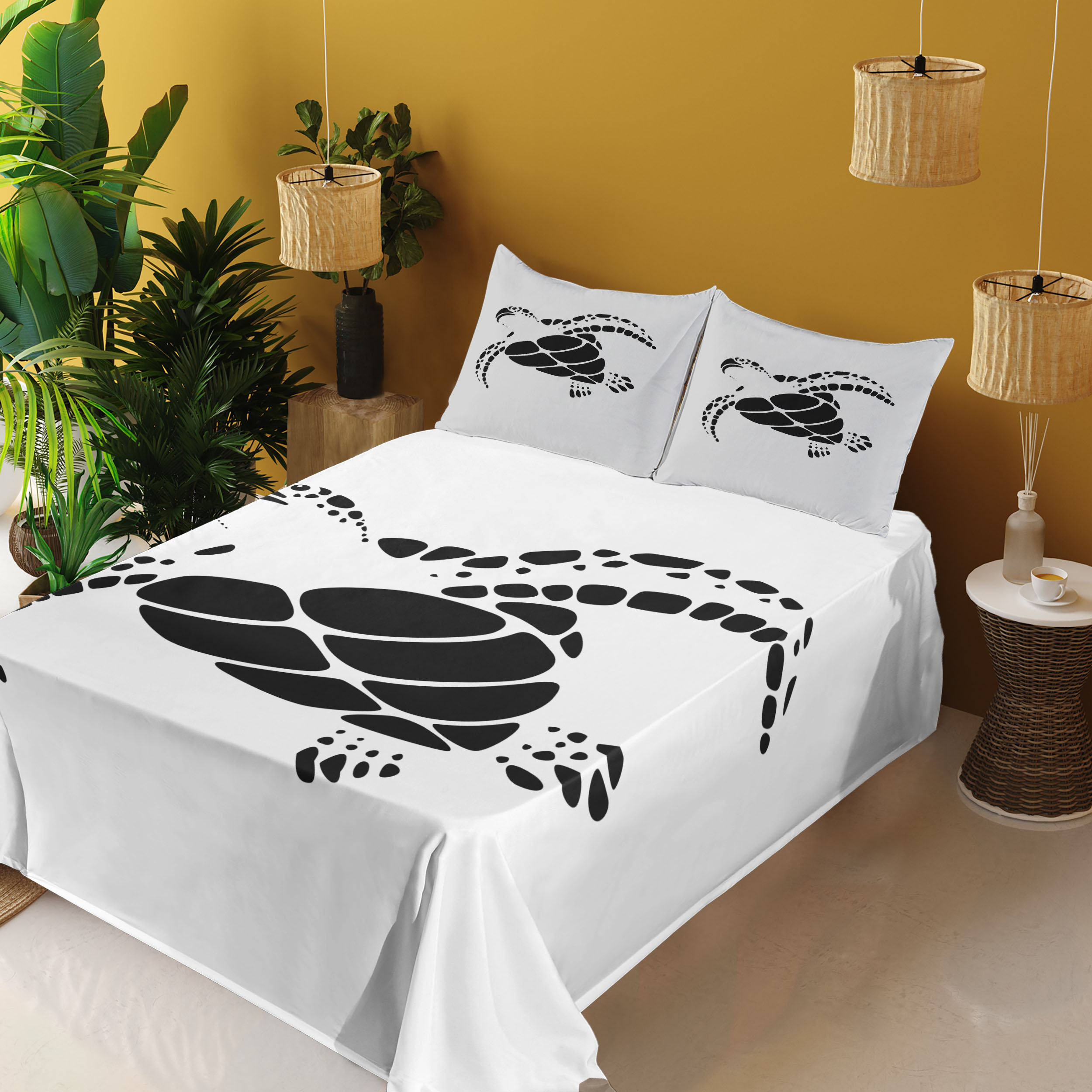 Ambesonne Ocean Sheet Set Abstract Sea Turtle Drawing Charcoal Grey and ...