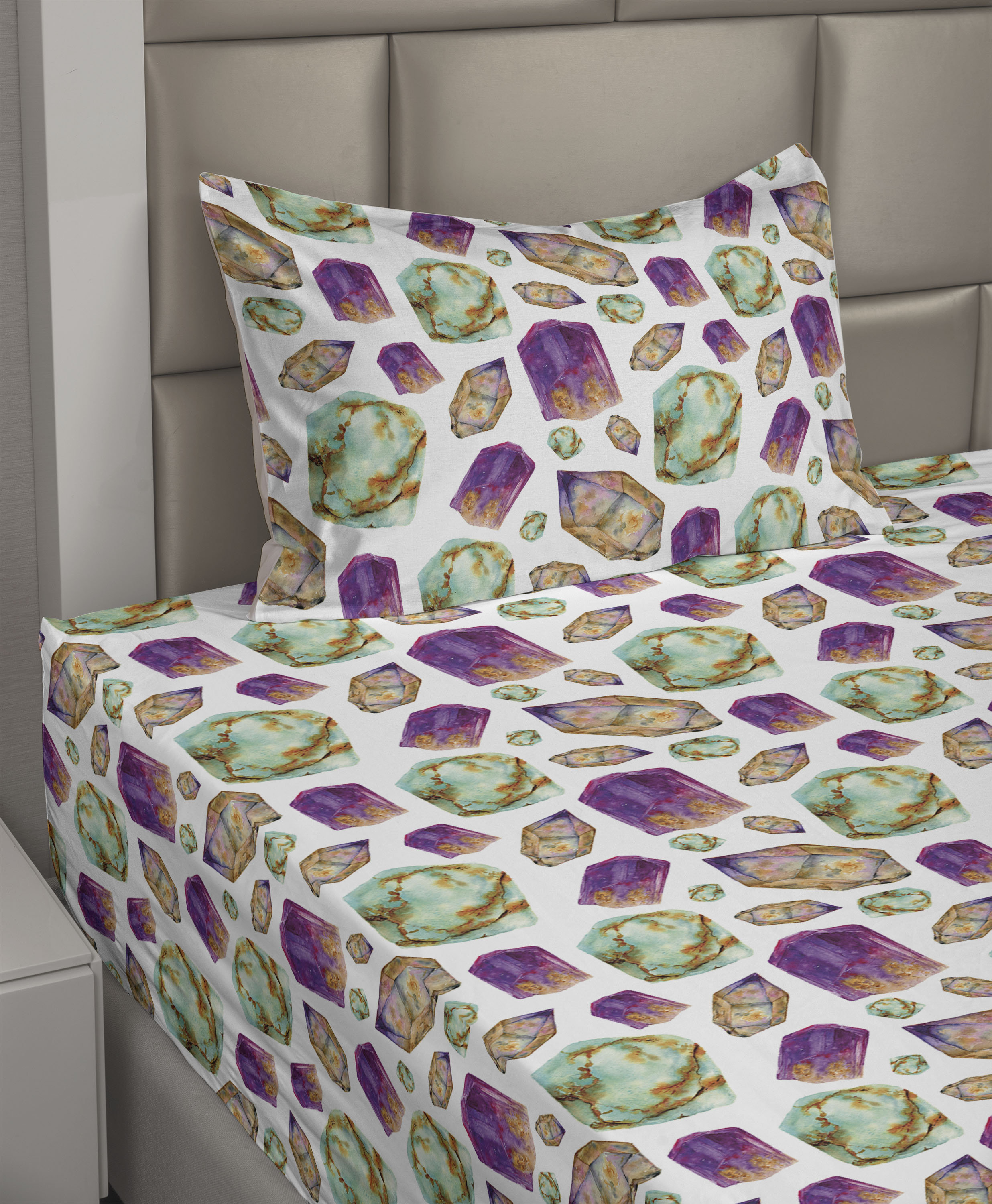 Ambesonne Gemstone Print Sheet Set Nature Boho Print Purple Mint Green ...