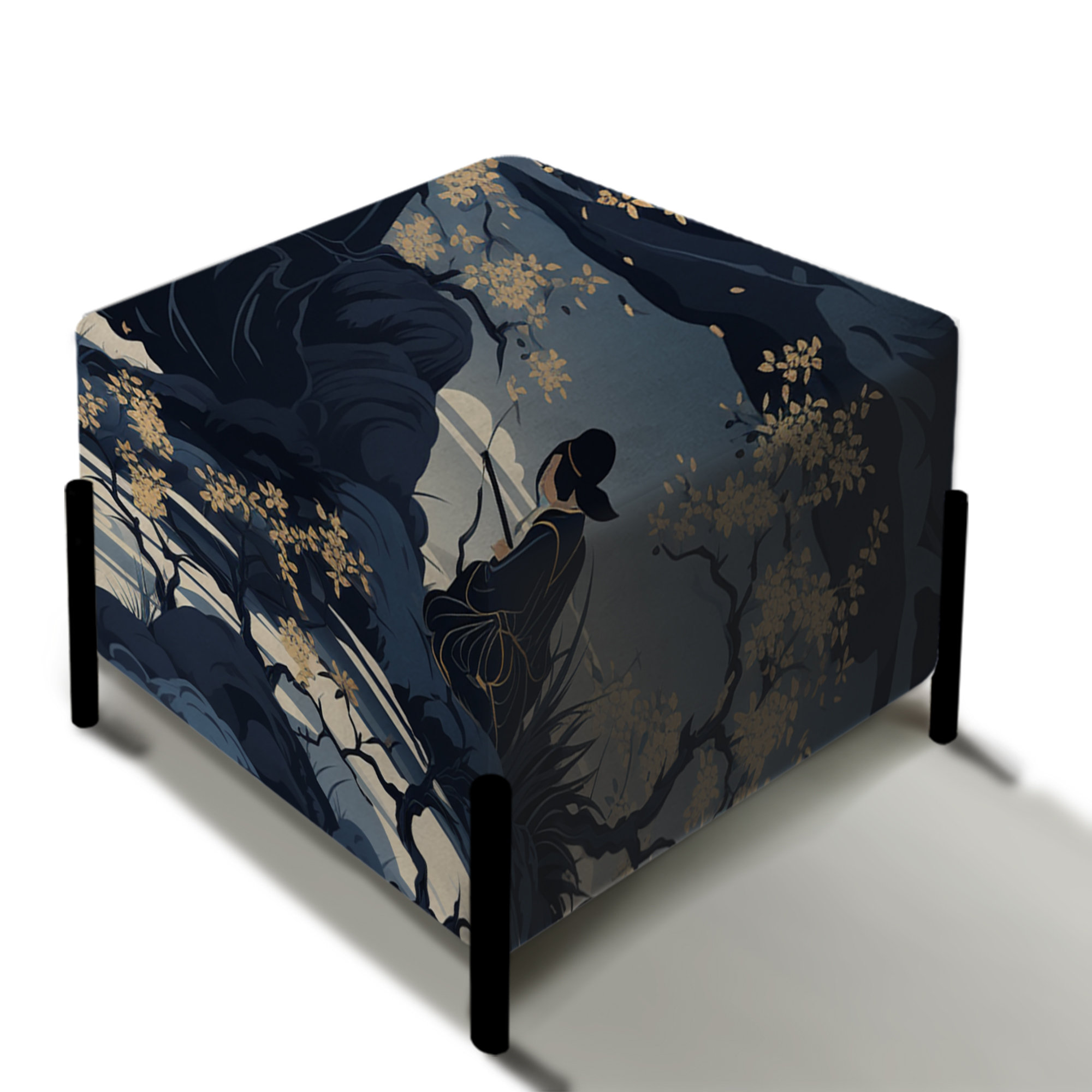 Design Art Japan Blue Samurai Silhouettes - Japanese Square Ottoman ...
